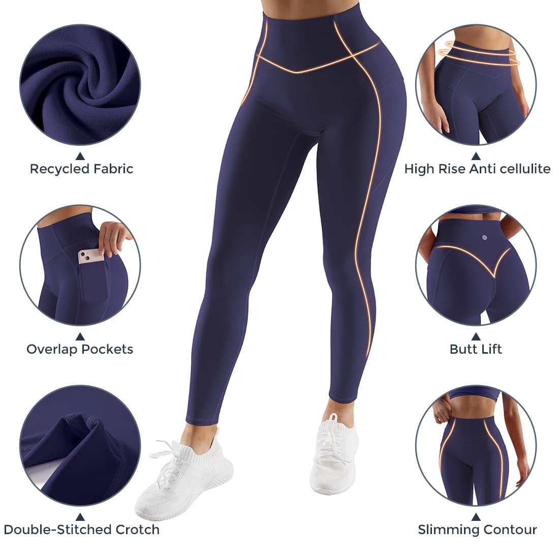 SUUKSESS Women Contour High Waisted Leggings with Pockets No Front Seam Workout Yoga Pants (Navy Blue, M)