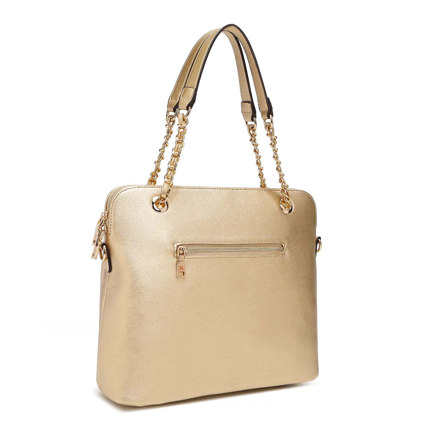 Nicole Lee Elena Tote, Chain Link Vegan Leather Strap, Front Pocket - Gold
