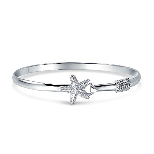 Nautical Starfish Tropical Beach Bangle Bracelet For Women Polished .925 Sterling Silver Eye Hook Clasp