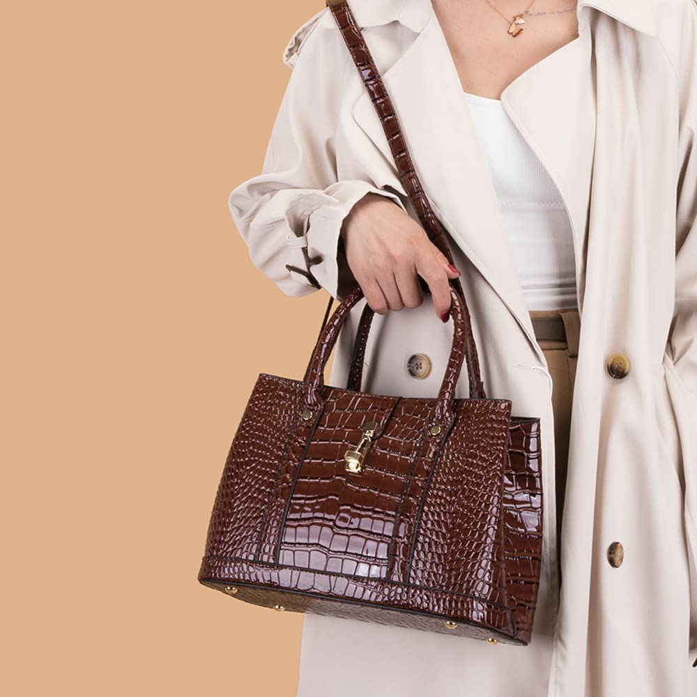 Retro Messenger Lock Bag Fashion Shoulder Handbags Three-piece Bags Crocodile Pattern Purses Female Top Handle Tote (Brown)