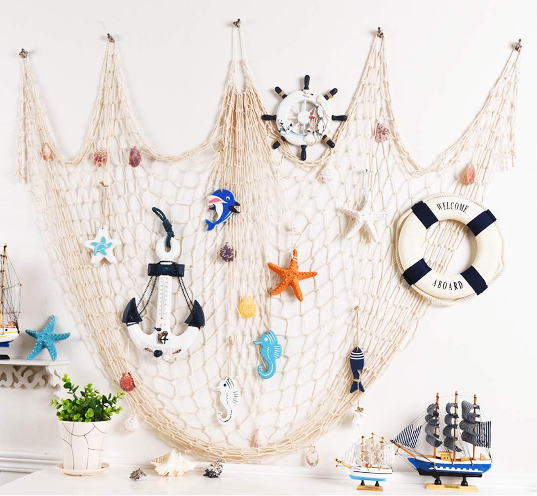 OJYUDD Fishing Net Decor, Fishnet Decor, Mediterranean Style Photographing Decoration, Natural Fish Net, Fish Net Party Accessory and Wall Table Decor (Creamy White)