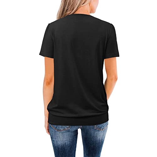 Short Sleeve Tunic Shirts for Women Casual Pleated Scoop Neck Summer Tops to Hide Belly Solid Color Blouses Black