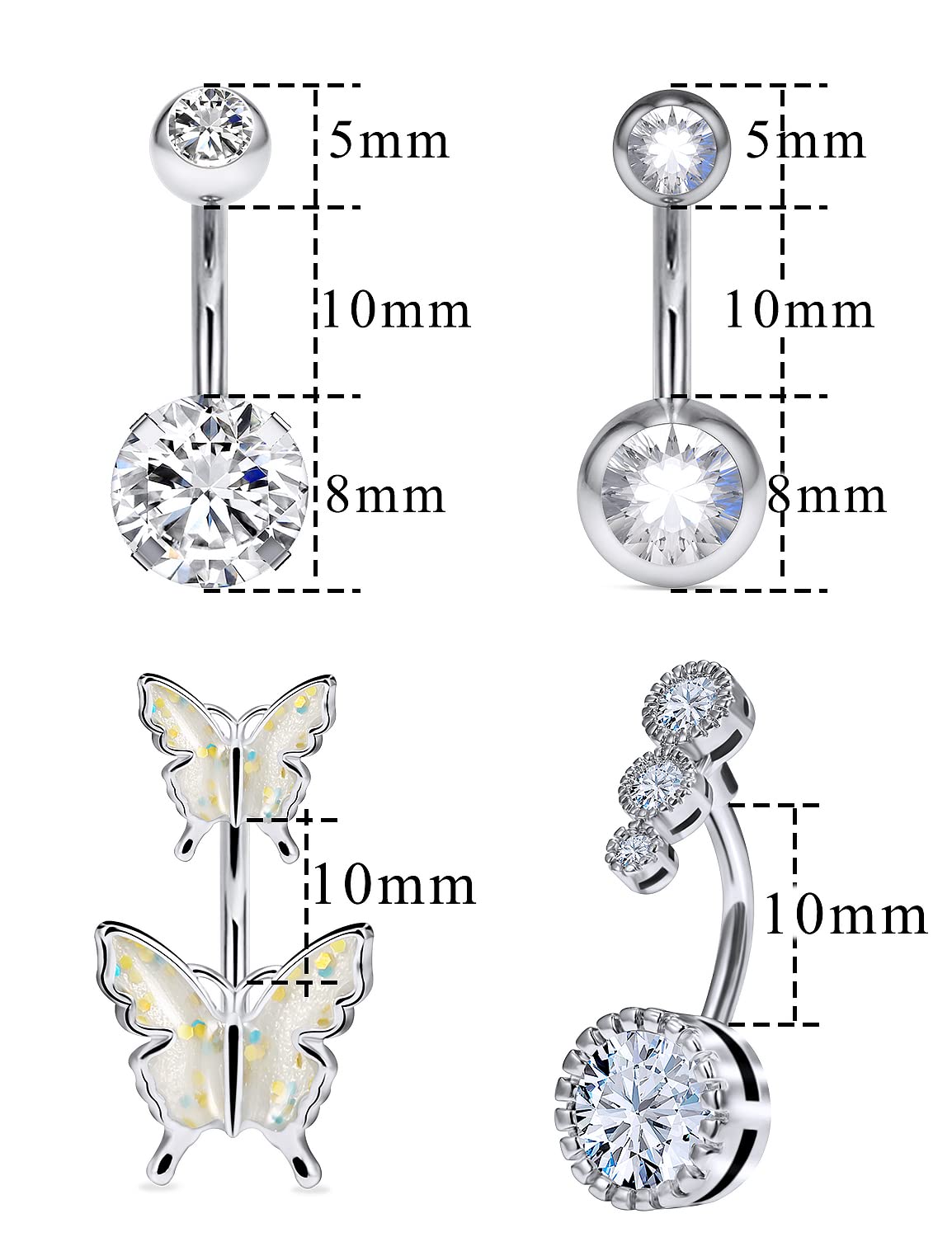 Rksndnn 14G Belly Button Rings Dangle for Women Stainless Steel Piercing Jewelry Snake Reverse Spiral With Clear Cz Navel Ring Body Silver (DNN-001)