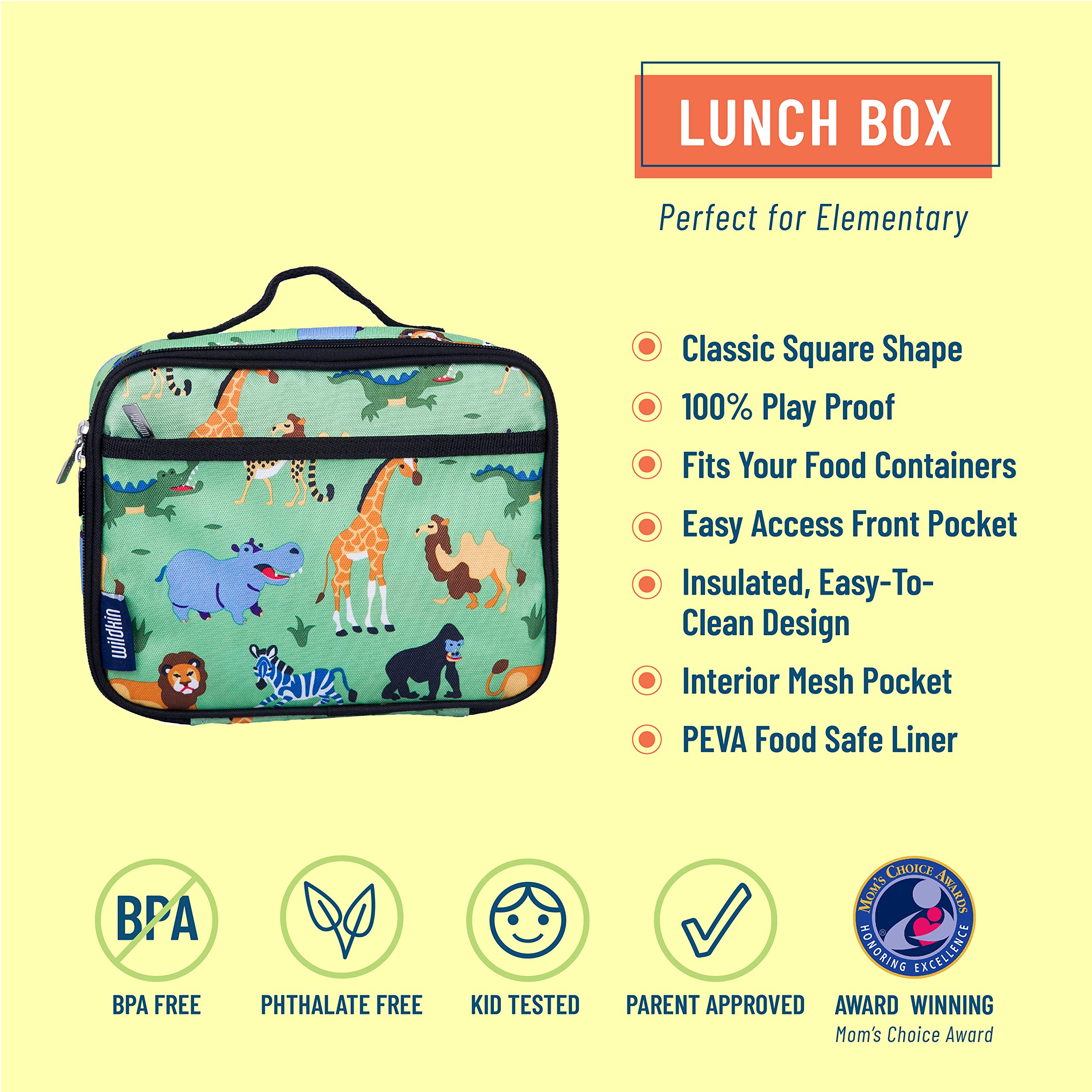 Wildkin Lunch Box Bag and 15 Inch Backpack Bundle with 16 Ounce Reusable Water Bottle (Wild Animals)