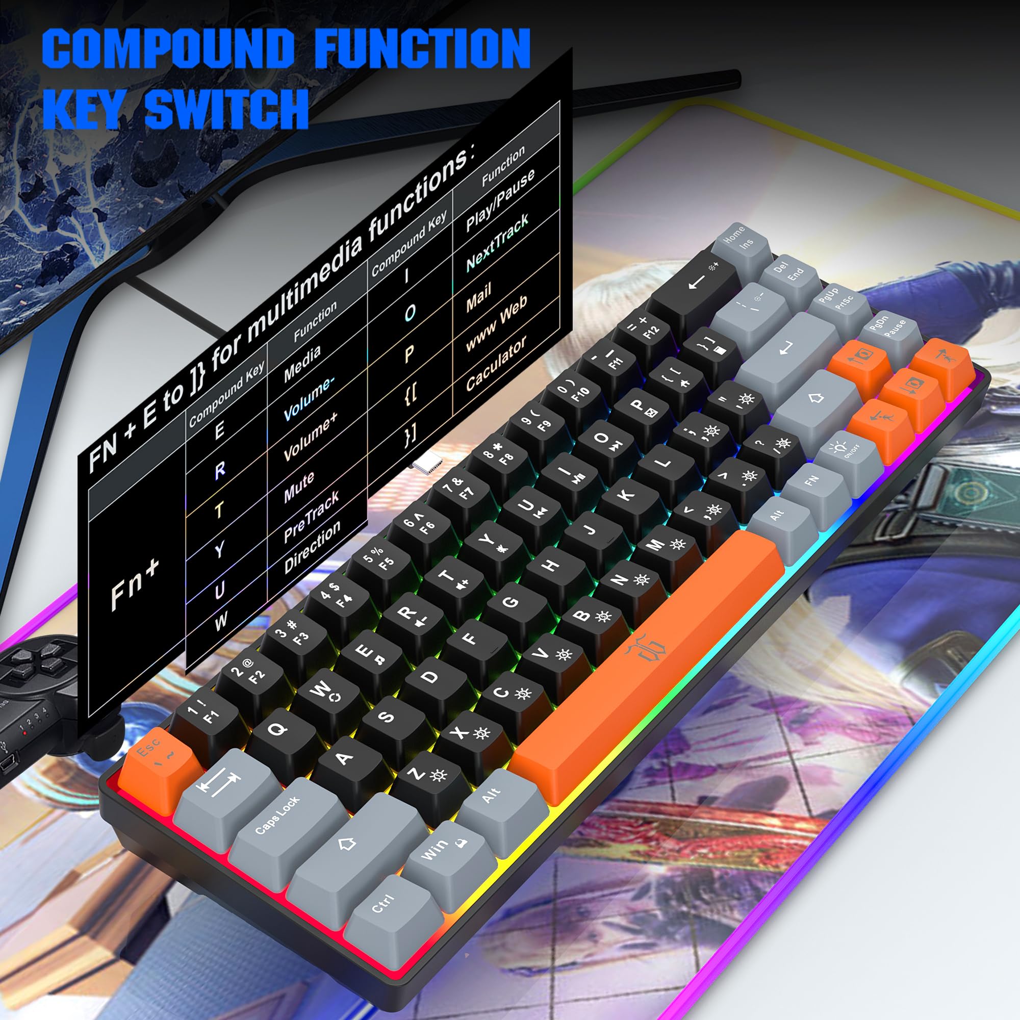 Snpurdiri 60% Gaming Keyboard, RGB Backlit Mini Keyboard,Built-in Steel Plate, Membrane Keyboard but Super Mechanical Feel for Windows PC Gamers(68 Keys,White-Black)