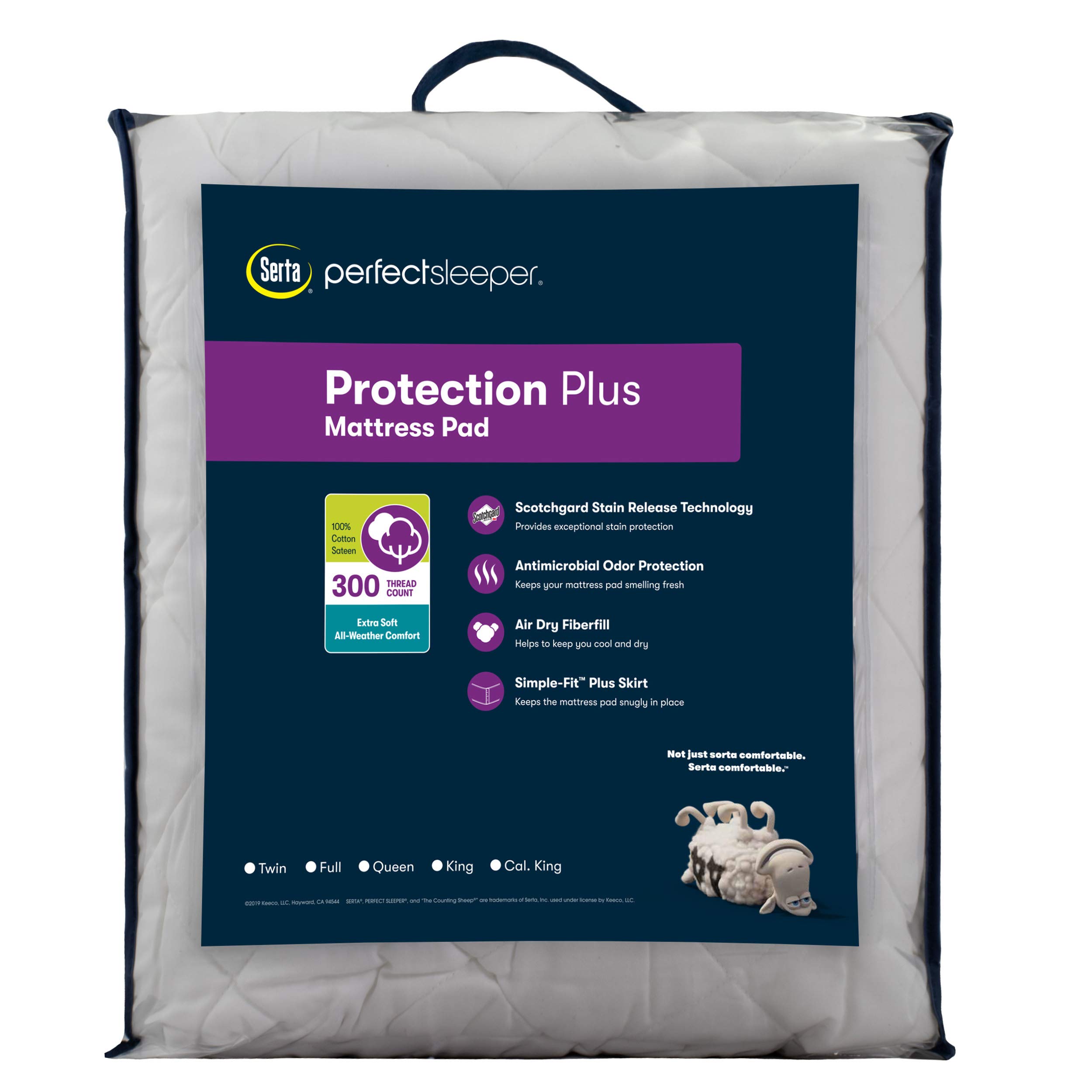 Serta Protection Plus Fiber Fill Cooling Fitted Mattress Pad Cover, King, White
