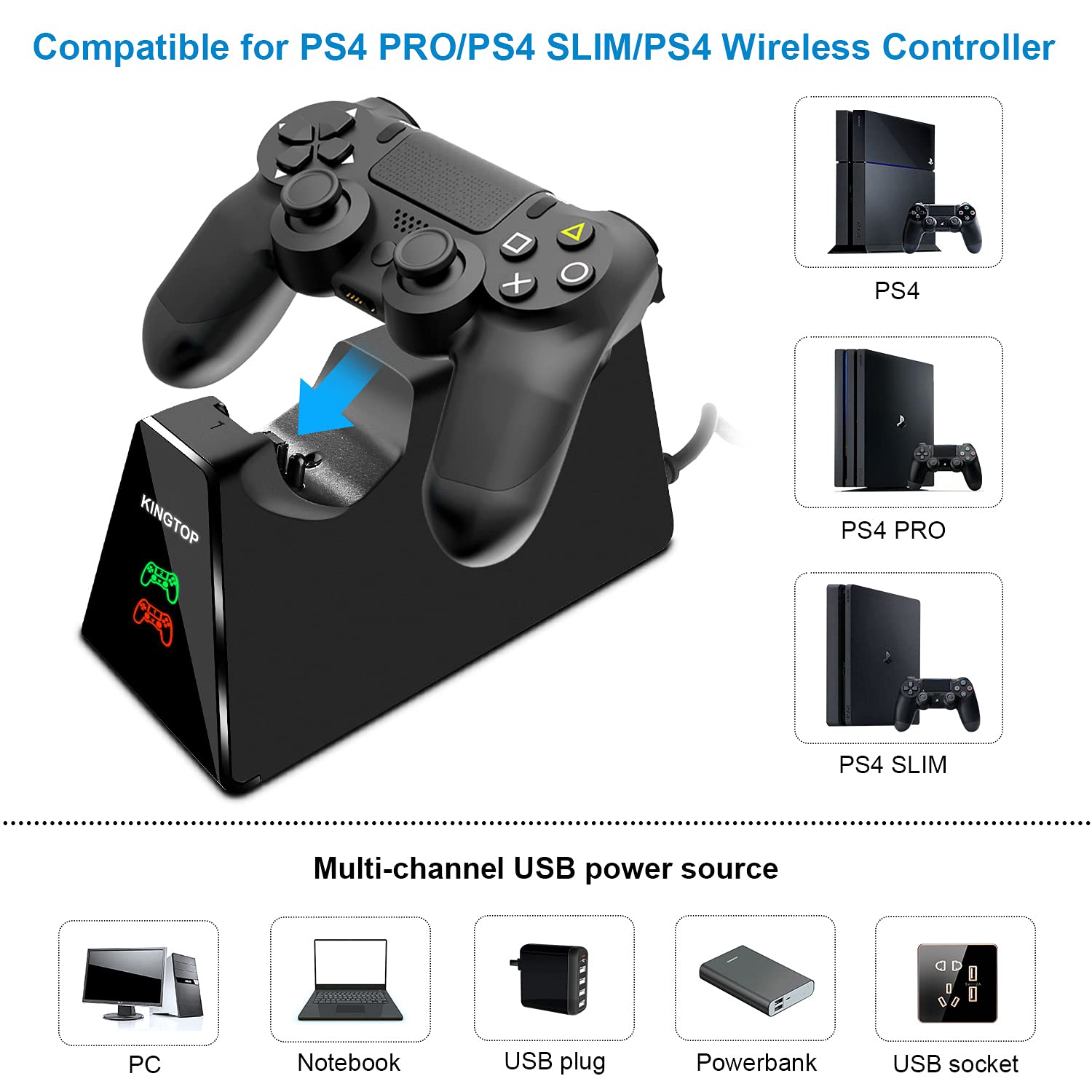 PS4 Controller Charger KINGTOP DualShock 4 Controller Charging Station Dock,Playstation 4 Charging Stand for Sony Playstation4 / PS4 / PS4 Slim / PS4 Pro Controller [Upgrade 2nd Generation]