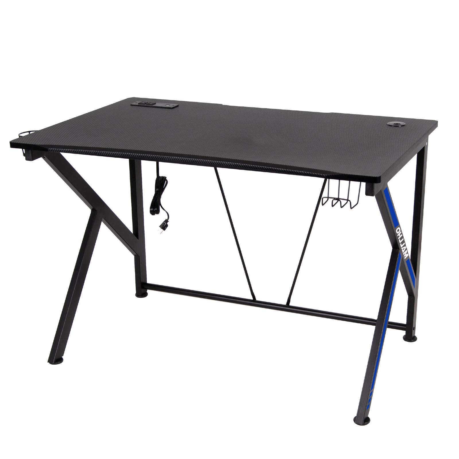 Polar Aurora K-Shaped Gaming Desk 45.1" W x 28.6" D Home Office Computer Table, Black Gamer Workstation with Cup and Headphone Hooks, Cable Management Hole and Built-in Multi-Function Socket(Blue)