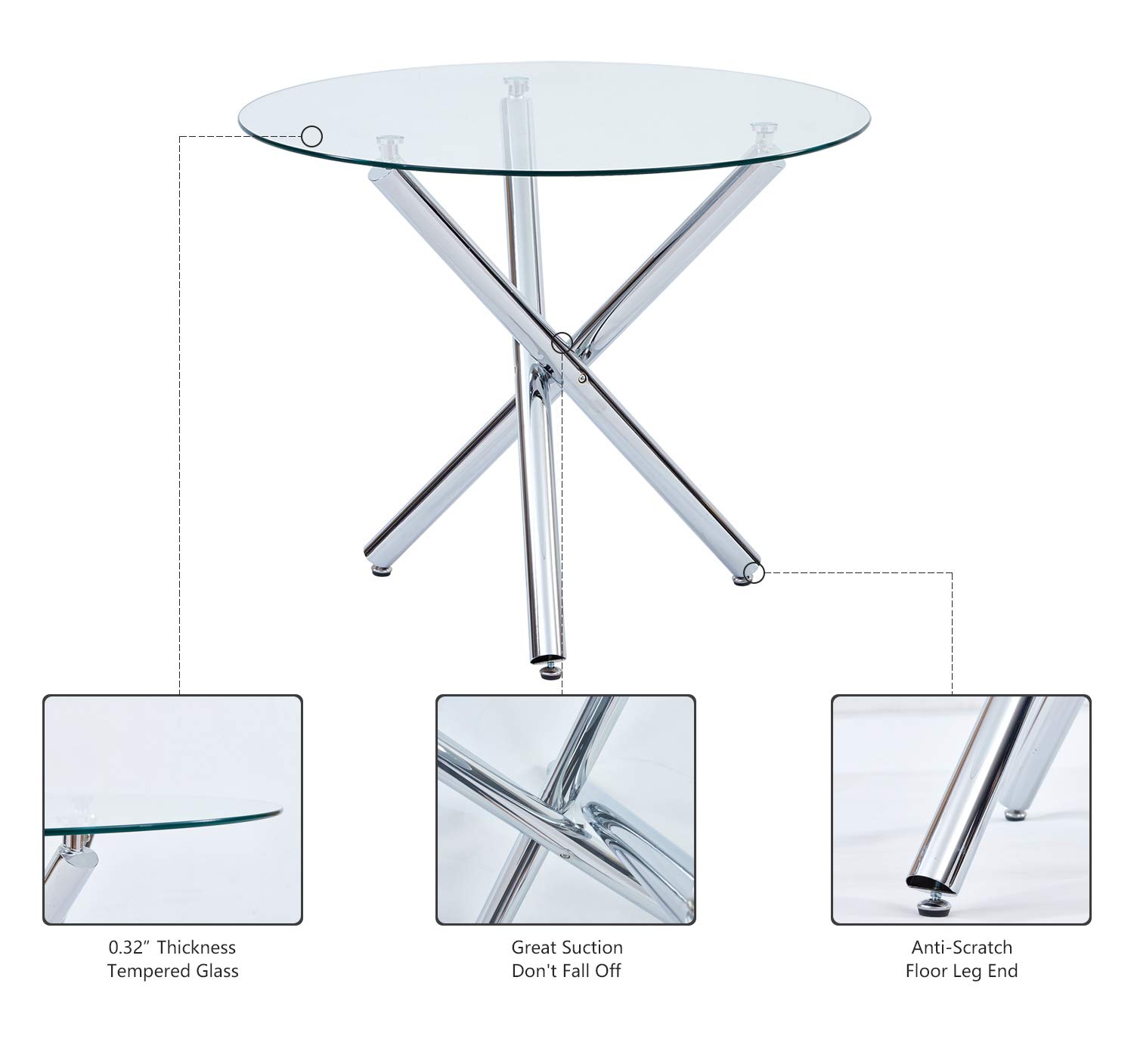 Modern 3 Pieces Round Glass Dining Table Set for 2, Kitchen Table with 3 Chrome Legs,Tempered Glass Top + 2 White Faux Leather Dining Chairs, Dining Room Table and Chairs Set for Home Small Space