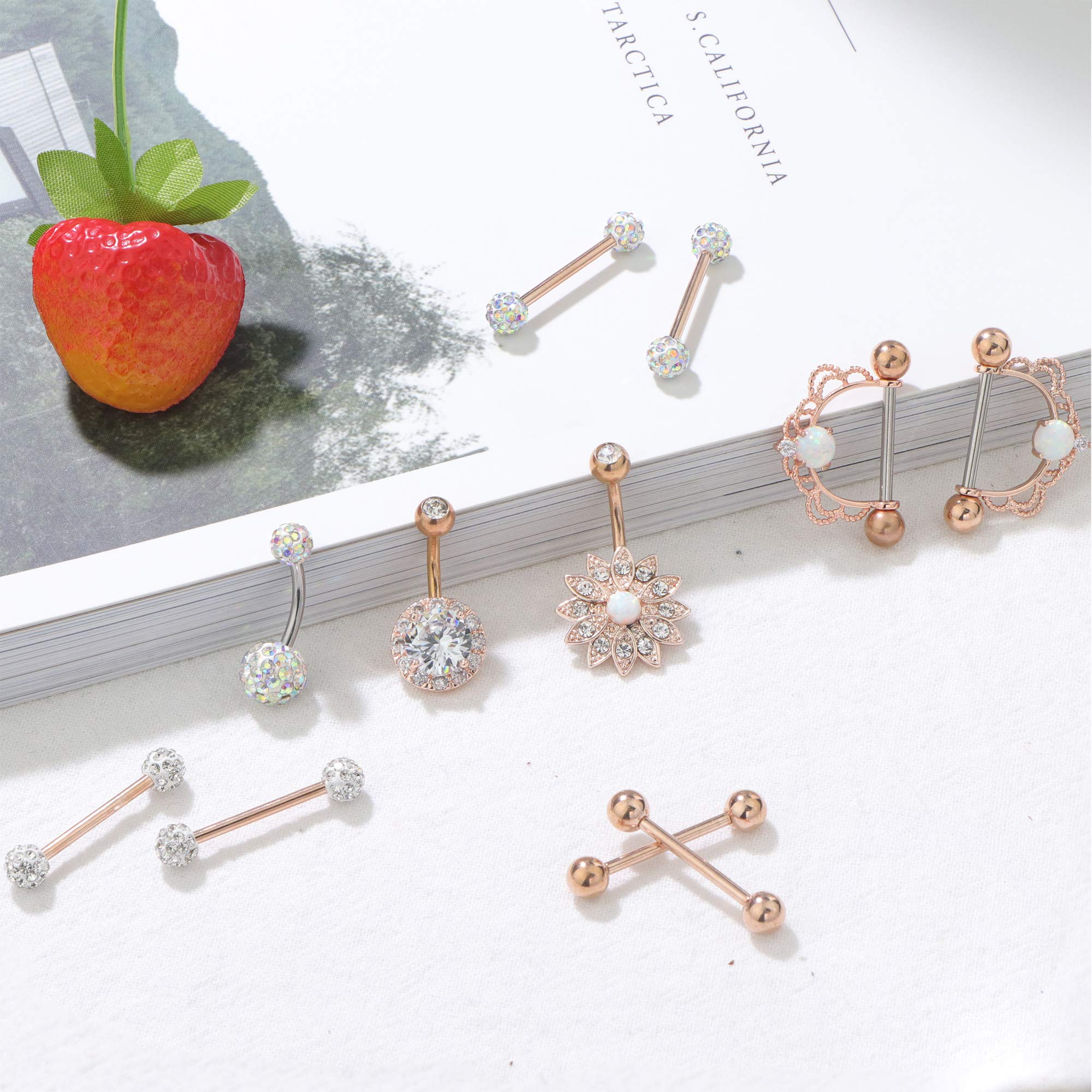 ORAZIO 11 PCS 14G Stainless Steel Nipplerings Nipple Tongue Belly Button Rings CZ Opal Barbell Body Piercing Jewelry
