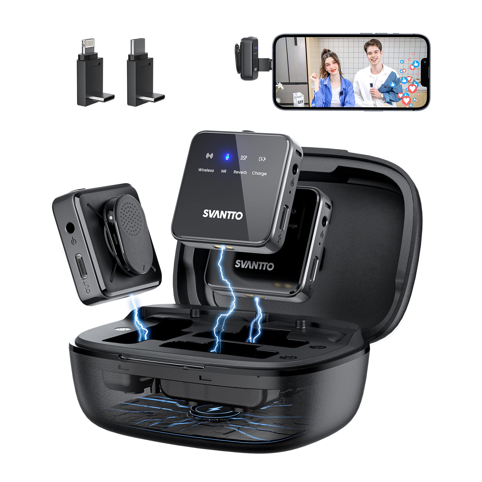 SVANTTO Wireless Lavalier Microphone for iPhone with Noise Reduction, 2 Lapel Microphone with Charging Case, 18H Battery Life, Mute Control, 328ft Transmission for Video Recording/Vlog/Live Stream