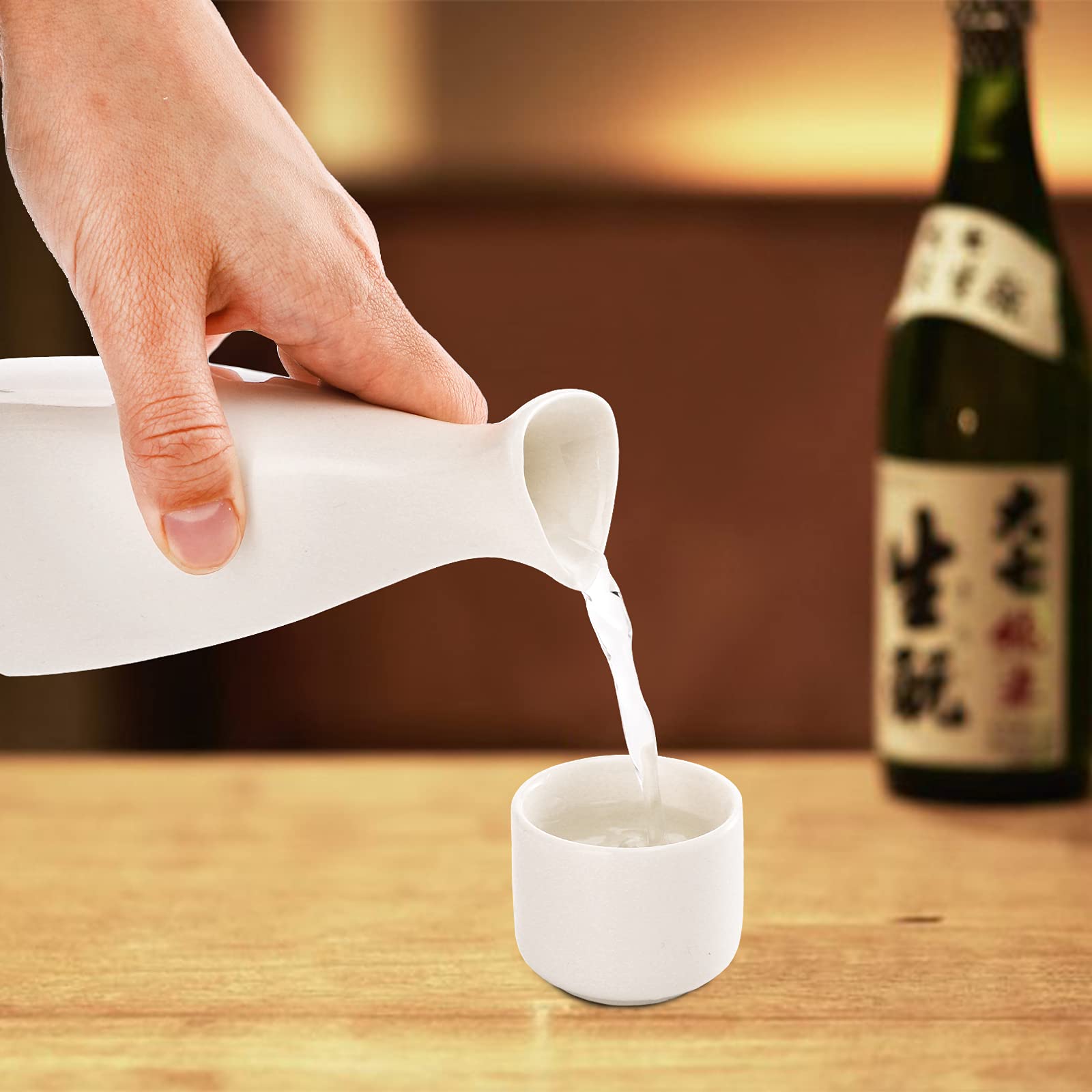 Tosnail 7 Pieces Ceramic Japanese Sake Set, 1 Serving Carafe and 6 Cups - White
