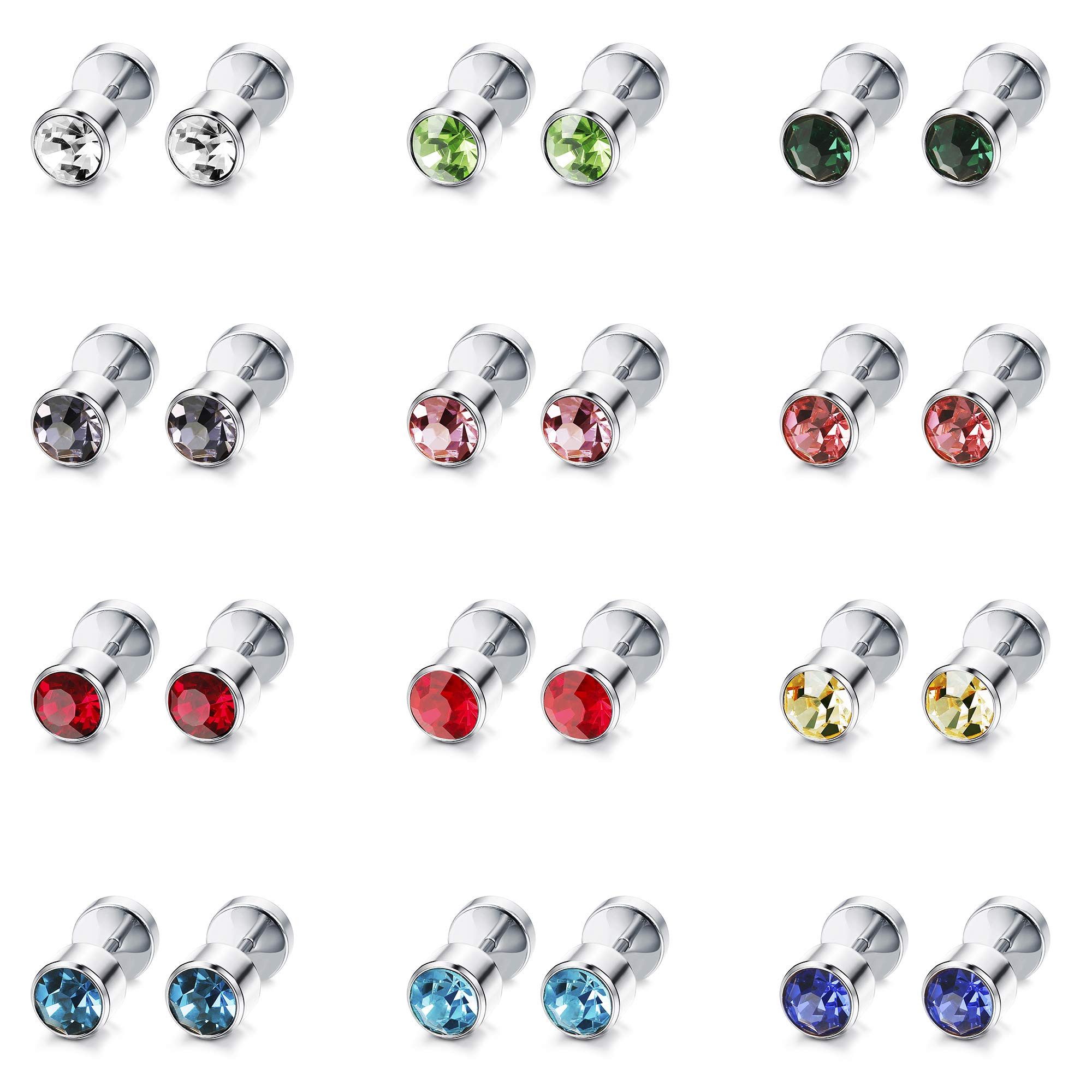 ORAZIO 12 Pairs Stainless Steel CZ Stud Earrings for Women Cubic Zirconia Cartilage Stud Earring Screwback 4mm