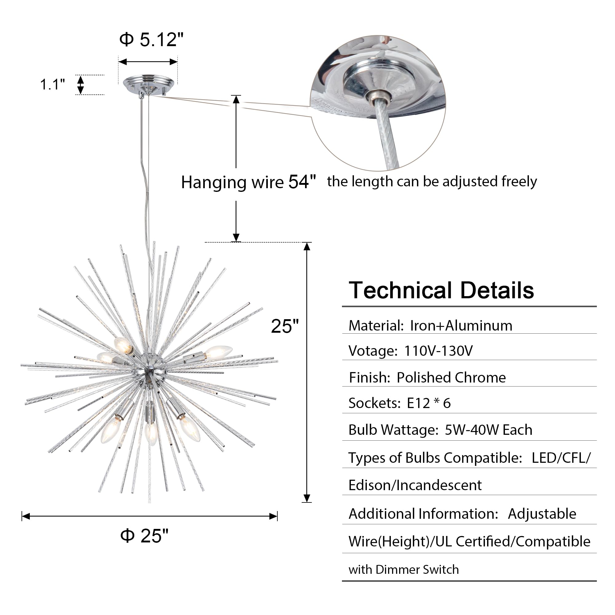 Modern Chrome Sputnik Chandeliers,6-Light Starburst Firework Ceiling Lights Dining Room Chandelier Light Fixture for Living Room, Bedroom, Kitchen, Entryway, Foyer,Dia 25",E12 Sockets