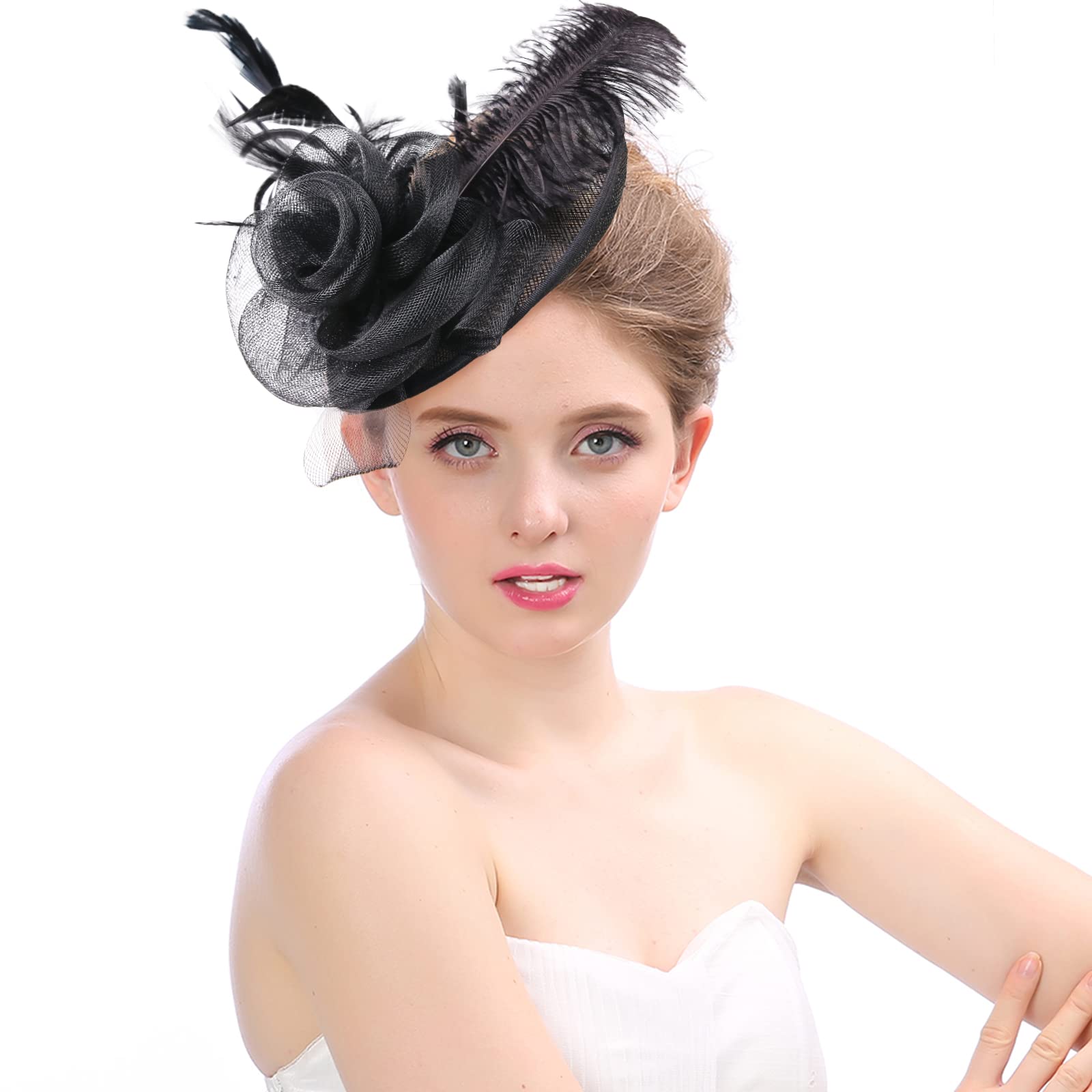 ROZKITCH Feather Fascinators Womens Pillbox Flower Party Hat White