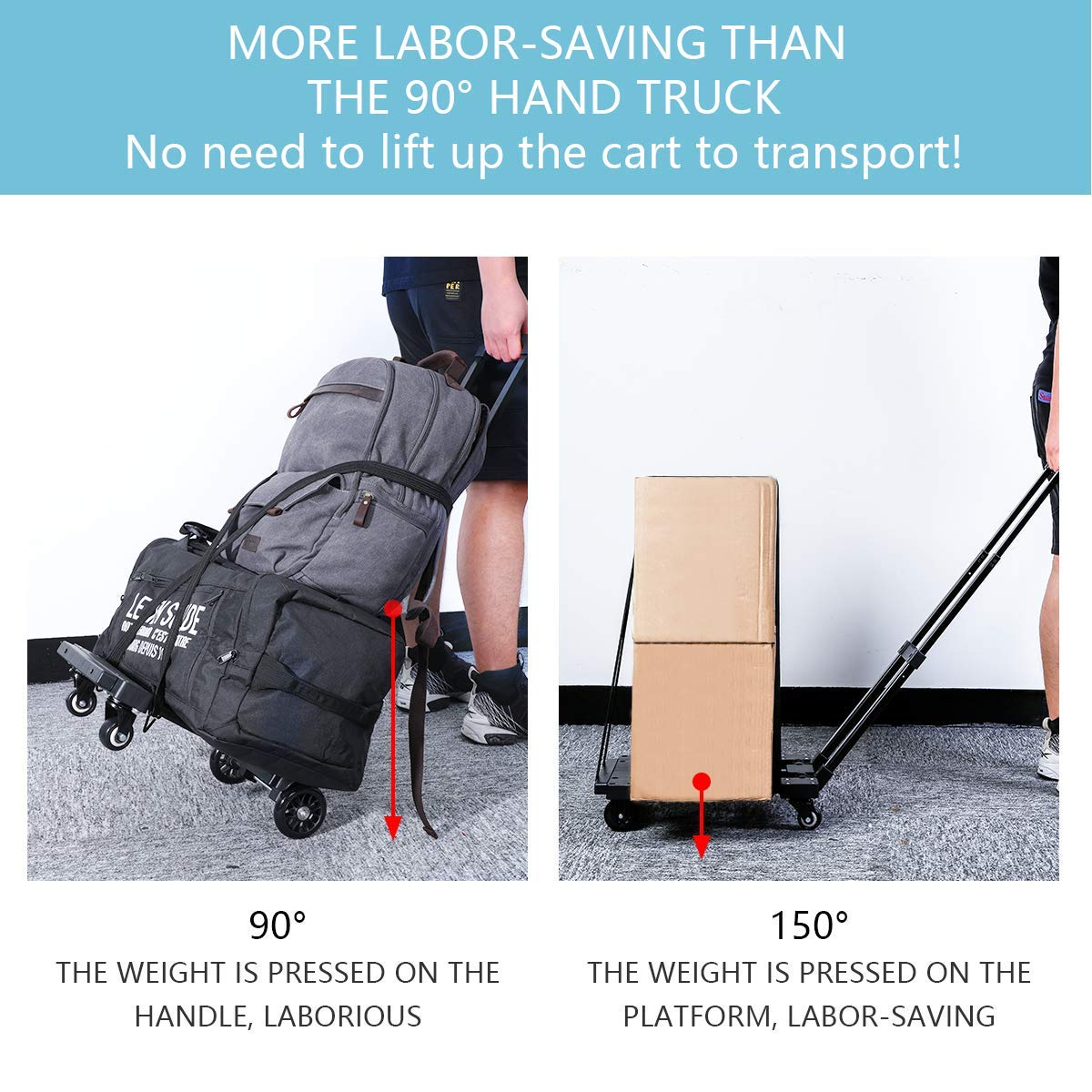 Orange Tech Folding Hand Truck, 220 lbs Heavy Duty Luggage Cart, 4 Wheels Solid Construction, Portable Fold Up Dolly, Compact and Lightweight for Luggage, Personal, Travel, Moving and Office Use