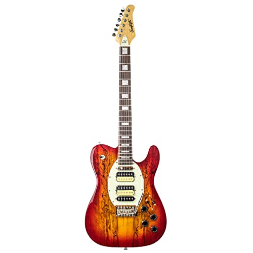 Sawtooth 6 String ET Hybrid Electric Guitar, Spalted Maple Trans Cherry Burst with Wilkinson Tremolo & Pro Series Gig Bag, Right (ST W-SMTCB)
