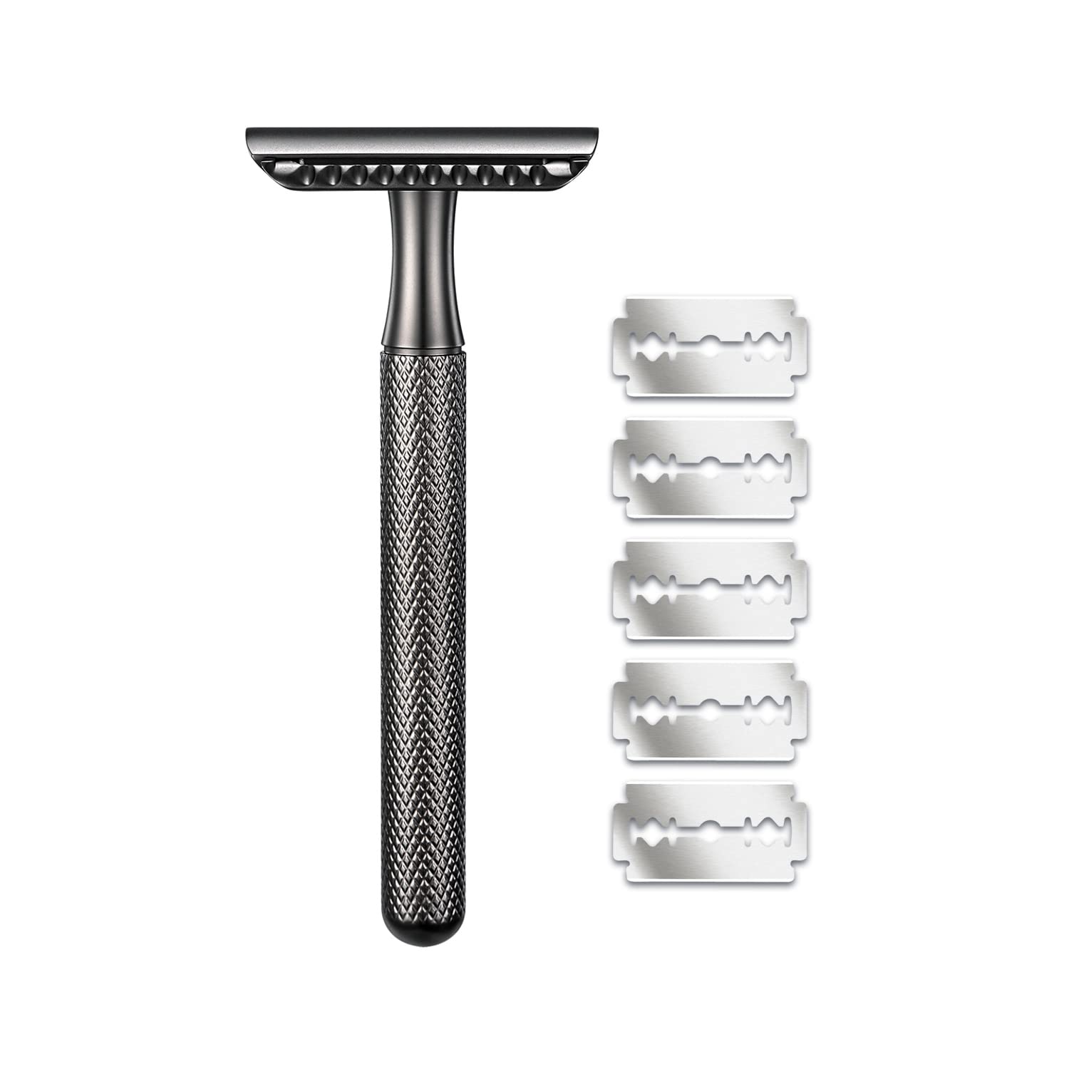 WEIDI Elegant Silver Double Edge Safety Razor Long Handle Reusable Rust-proof Manual Wet Shaving Shaver for Men Women - with 5 Platinum Blades WRT1C
