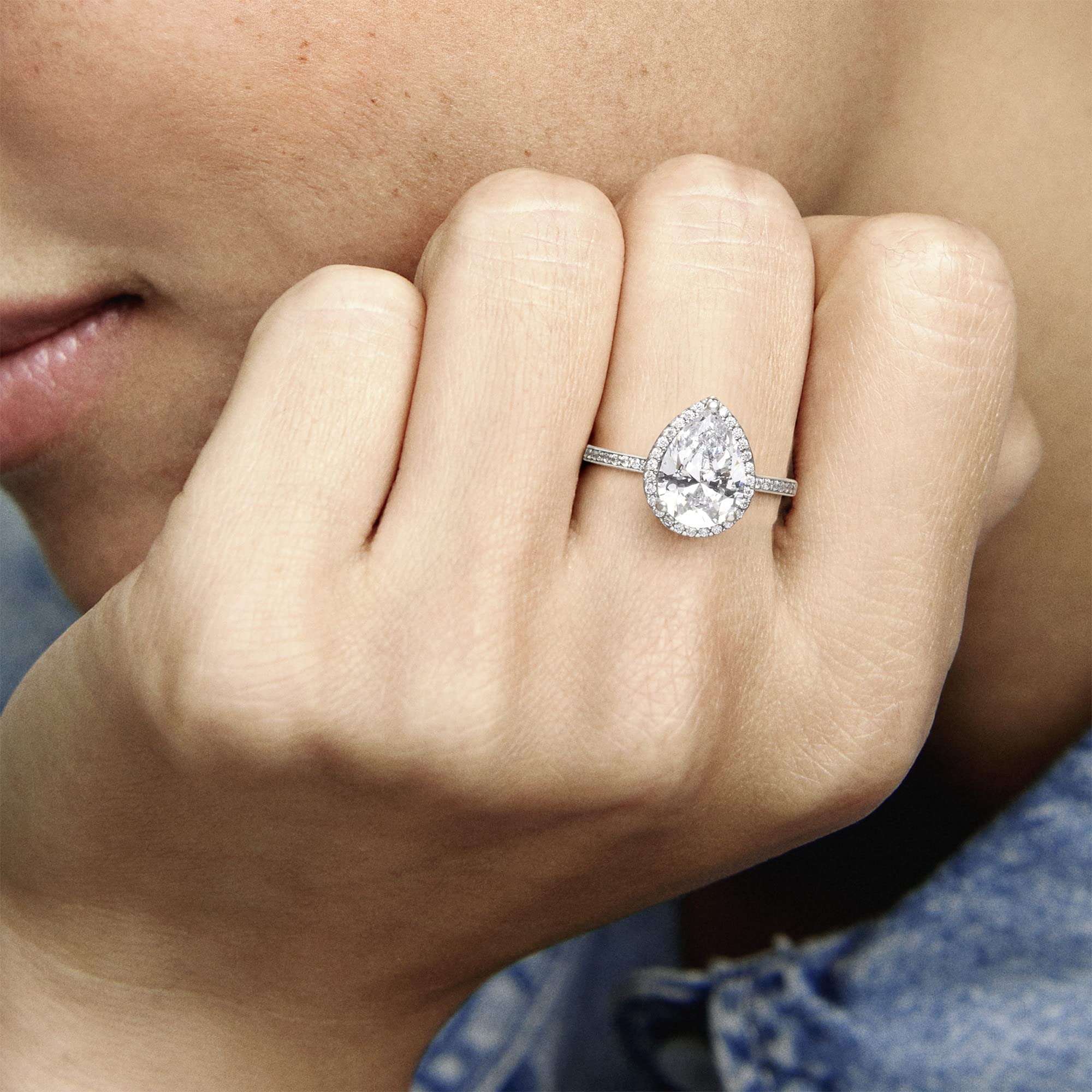 Pandora Sparkling Teardrop Halo Ring - Cocktail Ring for Ladies - Layering or Stackable Ring for Women - Gift for Her - Sterling Silver with Clear Cubic Zirconia - Size 7