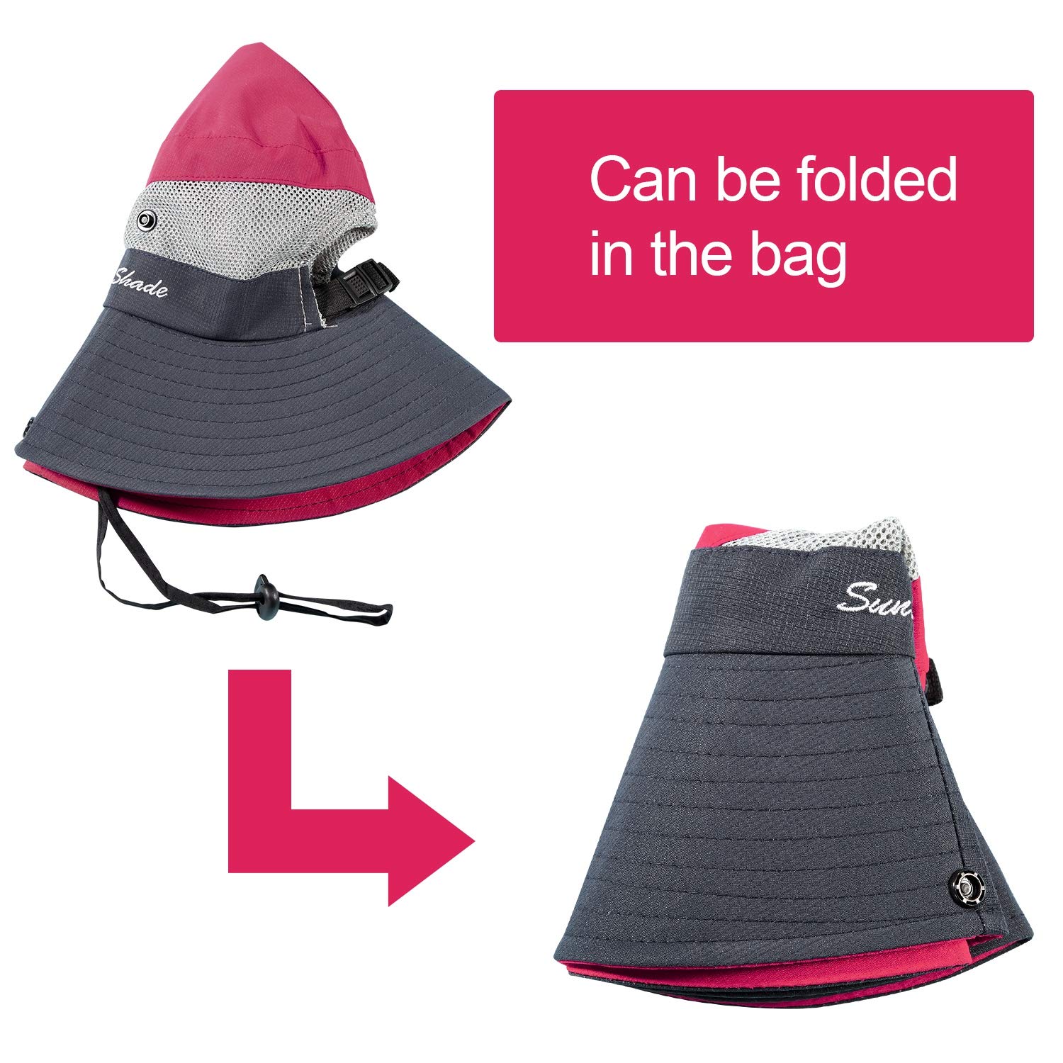Norme 2 Pieces Women's Outdoor Sun Hat UV Protection Foldable Mesh Wide Brim Beach Fishing Cap Ponytail(Watermelon Red, Pink)