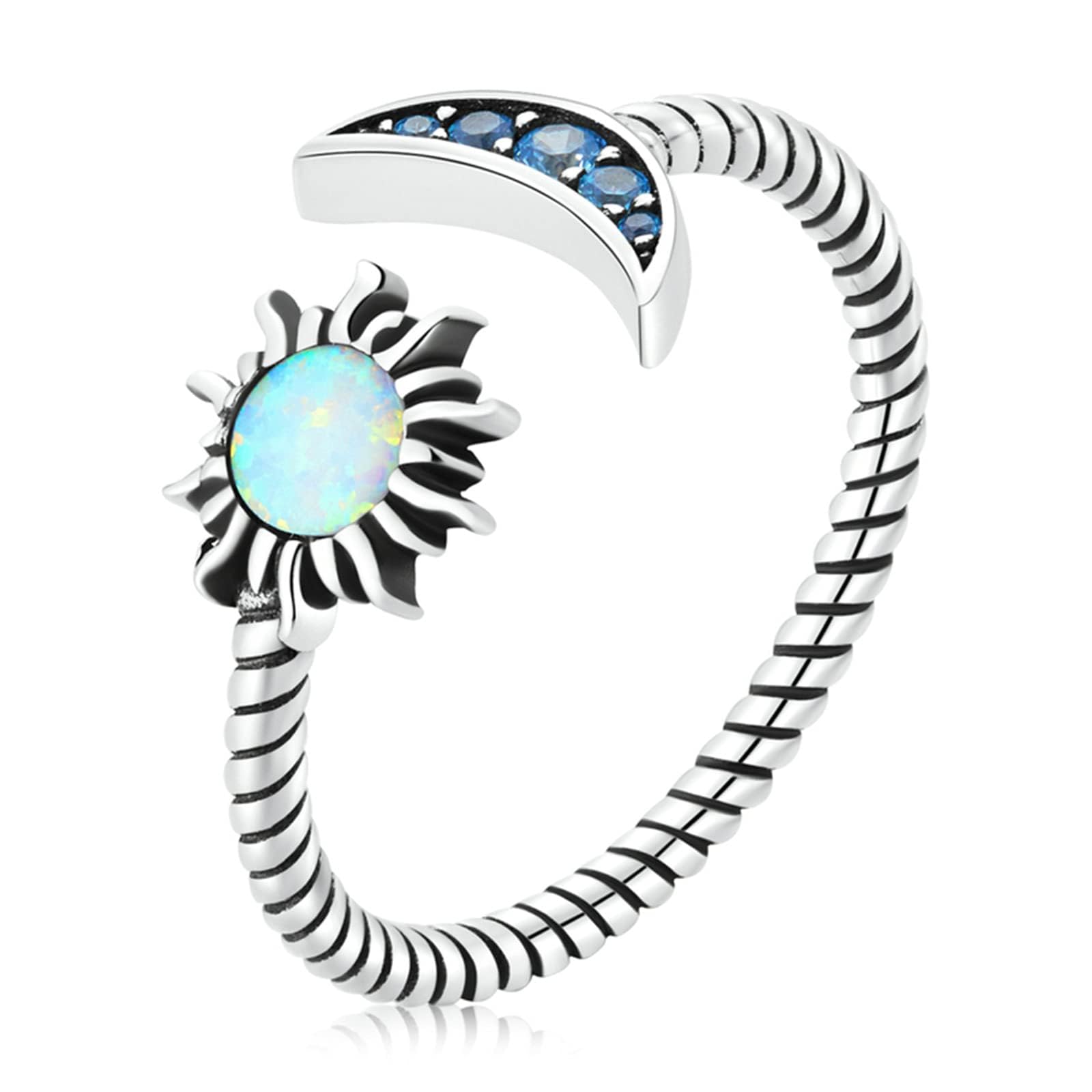 Roctiluny Sun & Moon Ring 925 Sterling Silver Open Size Ring for Women Vintage Twisted Opal Ring Fine Jewelry Party Gift for Mother's Day/Valentine's Day Birthday Gifts for Womens Girls