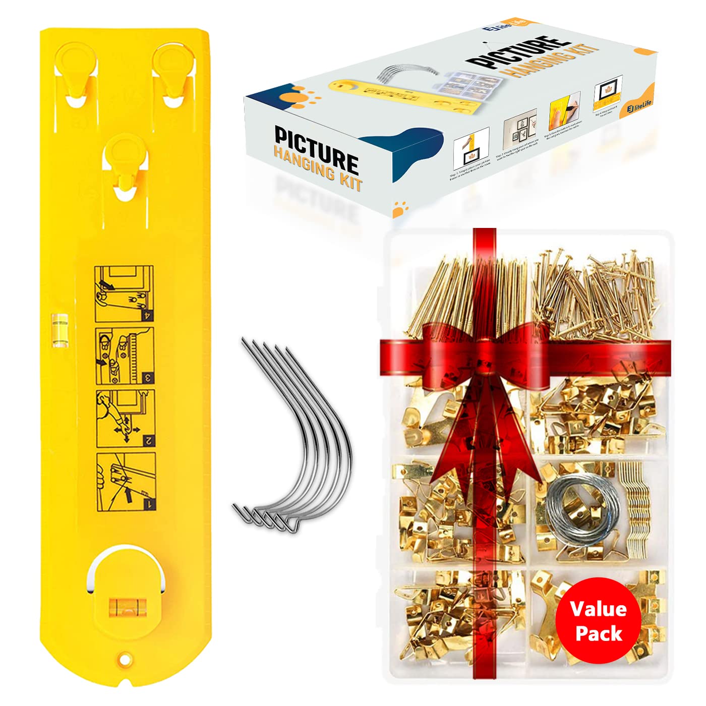 Picture Hanging Tool Kit - Includes Stainless Steel Picture Hanging Hooks 211 Pcs, Level Tool, Picture Frame Hanger, Heavy Duty Photo Hanger Accessories with Hanging Kit, Wire and Nails, Gift for Dad
