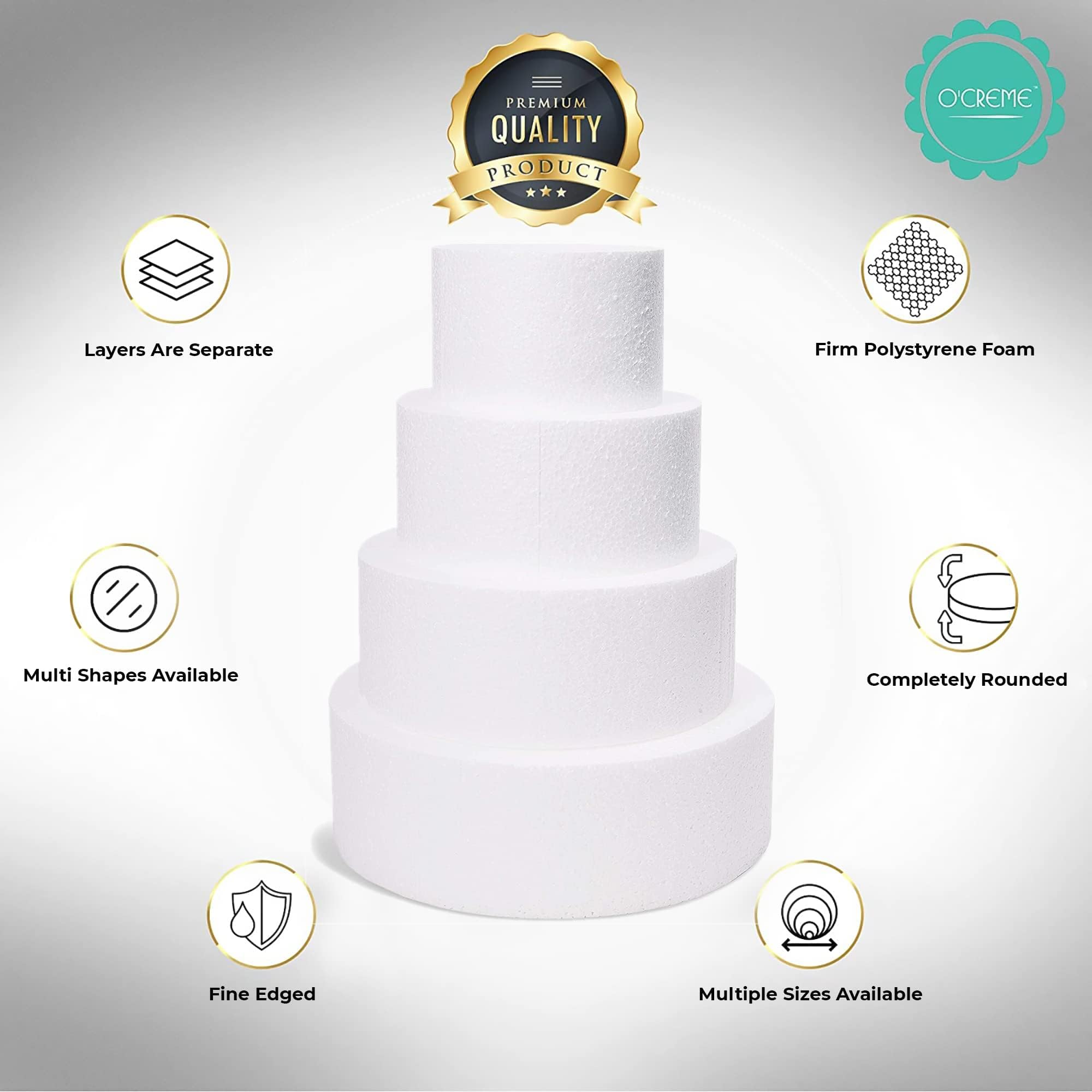 O'Creme Polystyrene Dummy Cake Decorating Display for Baked Goods Bakery Supplies Round Shape (4” Diameter x 4” High)