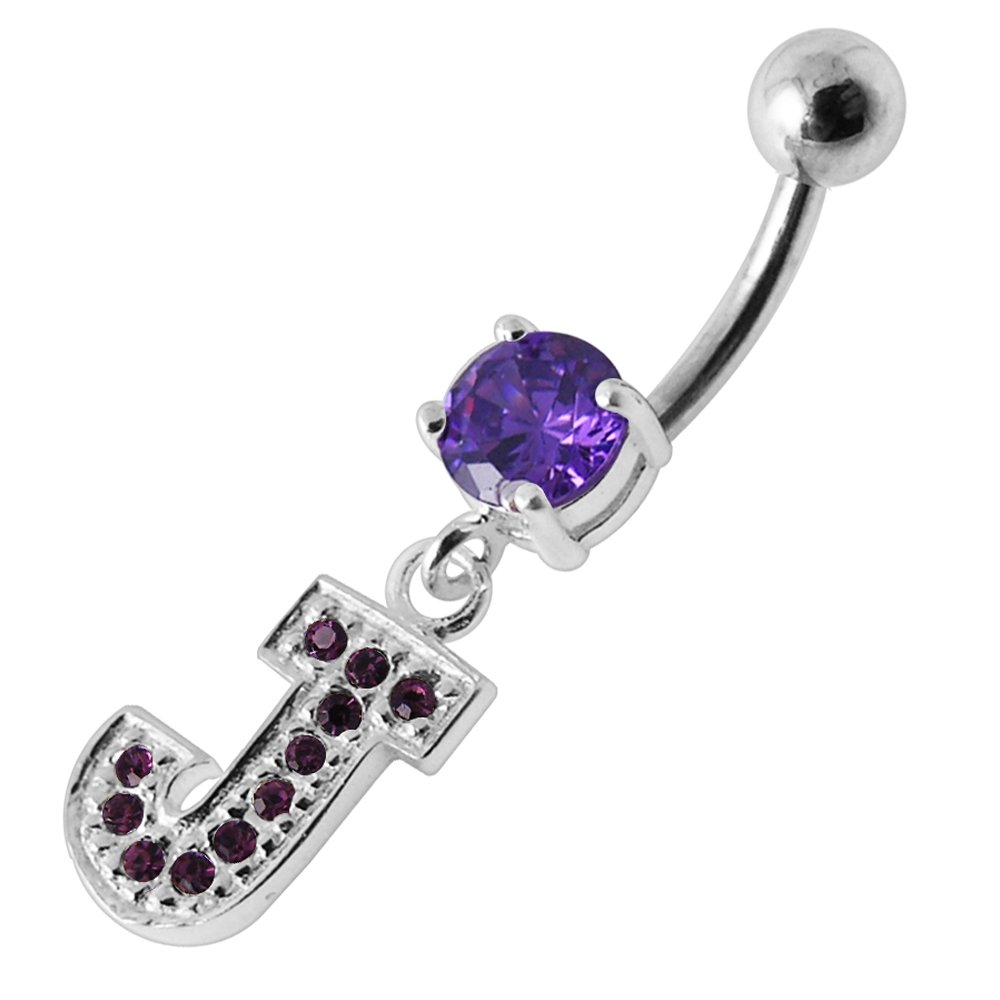 Purple CZ Stone J Alphabet Dangling Design 925 Sterling Silver Belly Button Piercing Ring Jewelry