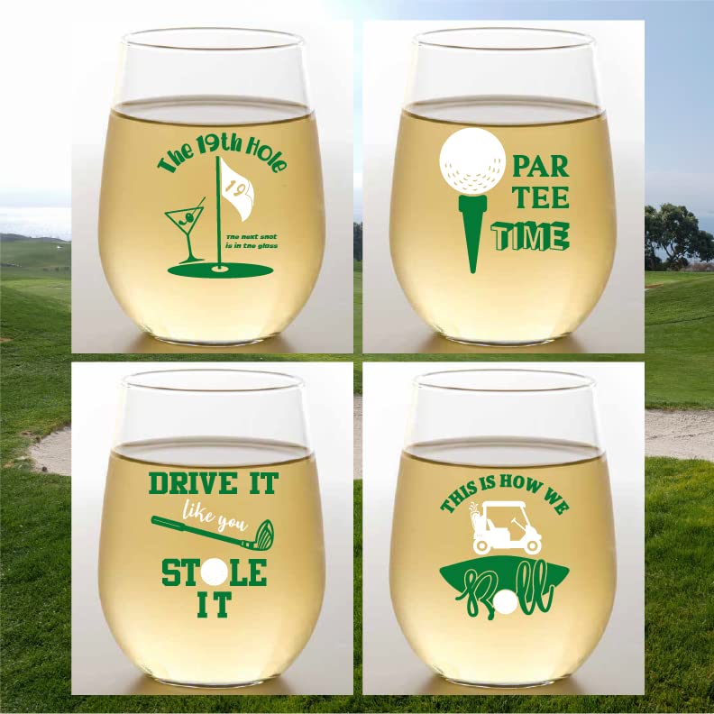 Set of 4 Shatterproof Designer 16 oz Plastic Wine Glasses MADE in the USA (GOLF)
