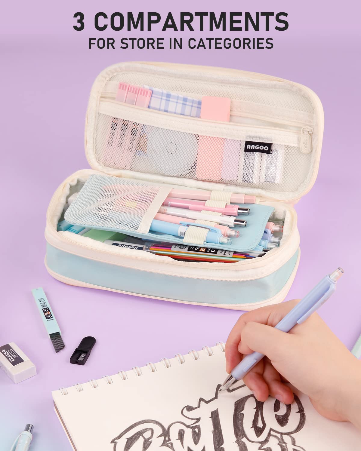Nicpro 45PCS Aesthetic School Supplies with Big Capacity Pen Case, Pastel Mechanical Pencils 0.5, 0.7, 0.9, 2mm with 24 Tube Lead Refills(4B 2B HB 2H 4H COLORS) Erasers For Student Writing Drawing