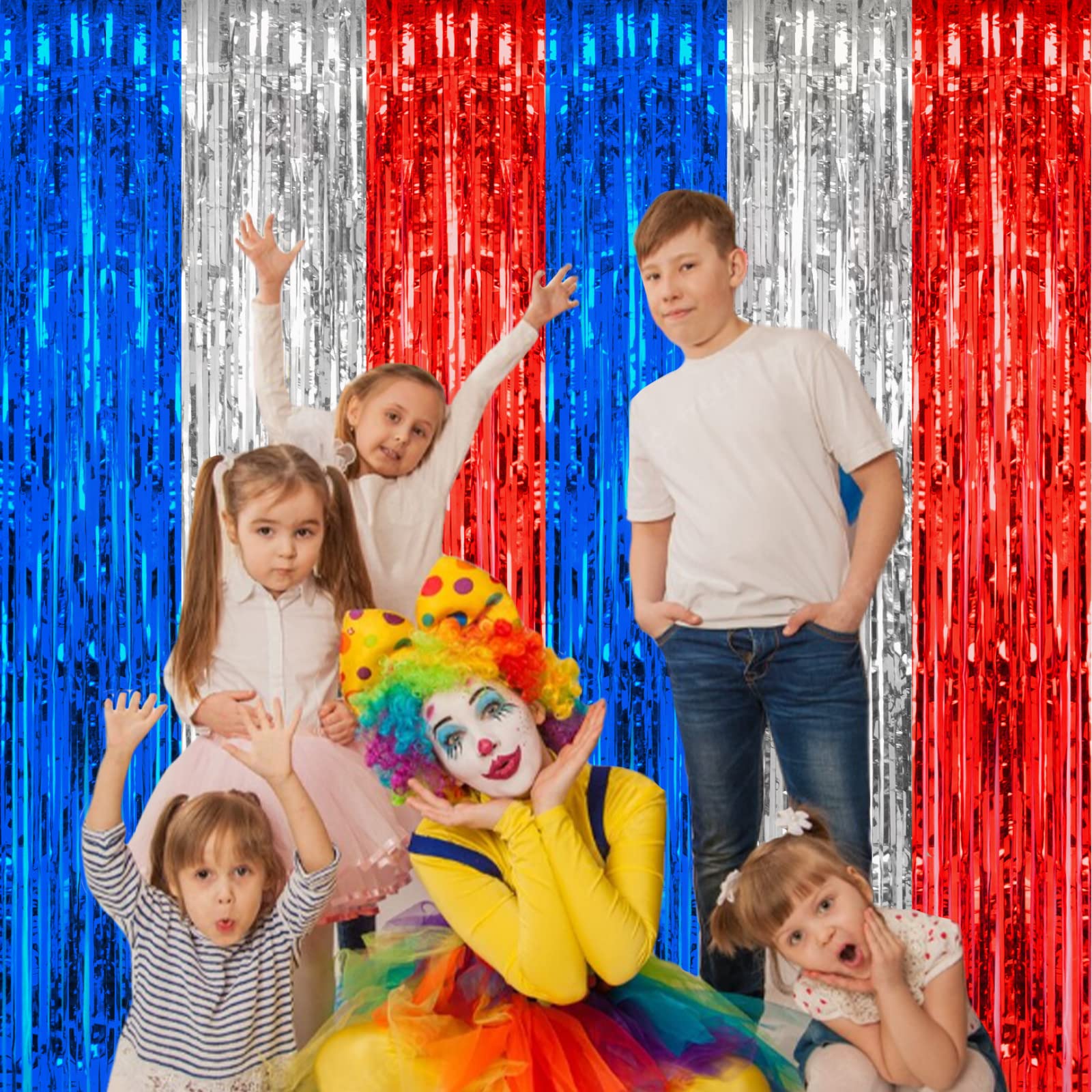 PIGETALE, 2 Pack 3.2 x 8.2 ft Red White and Blue Foil Fringe Backdrop Curtain, Streamer Backdrop Tinsel Curtains Photo Booth Props for Graduation Birthday Memo
