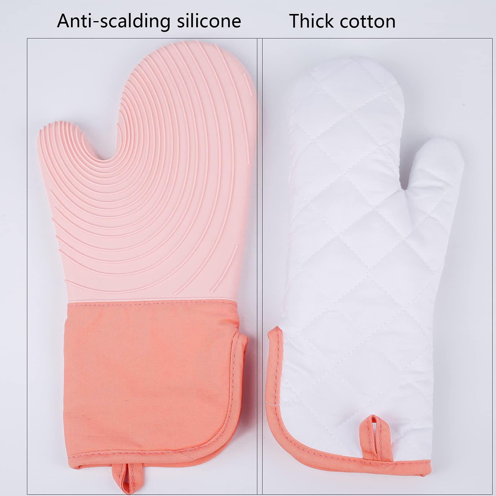 Silicone Oven Mitts with Extra Long Cuff and Comfort Lining,Oven Mitts with Quilted Liner, Heat Resistant Flexible Oven Mitt for Kitchen Baking Cooking,Machine Washable,1 Pair,13.5 Inch,Pink