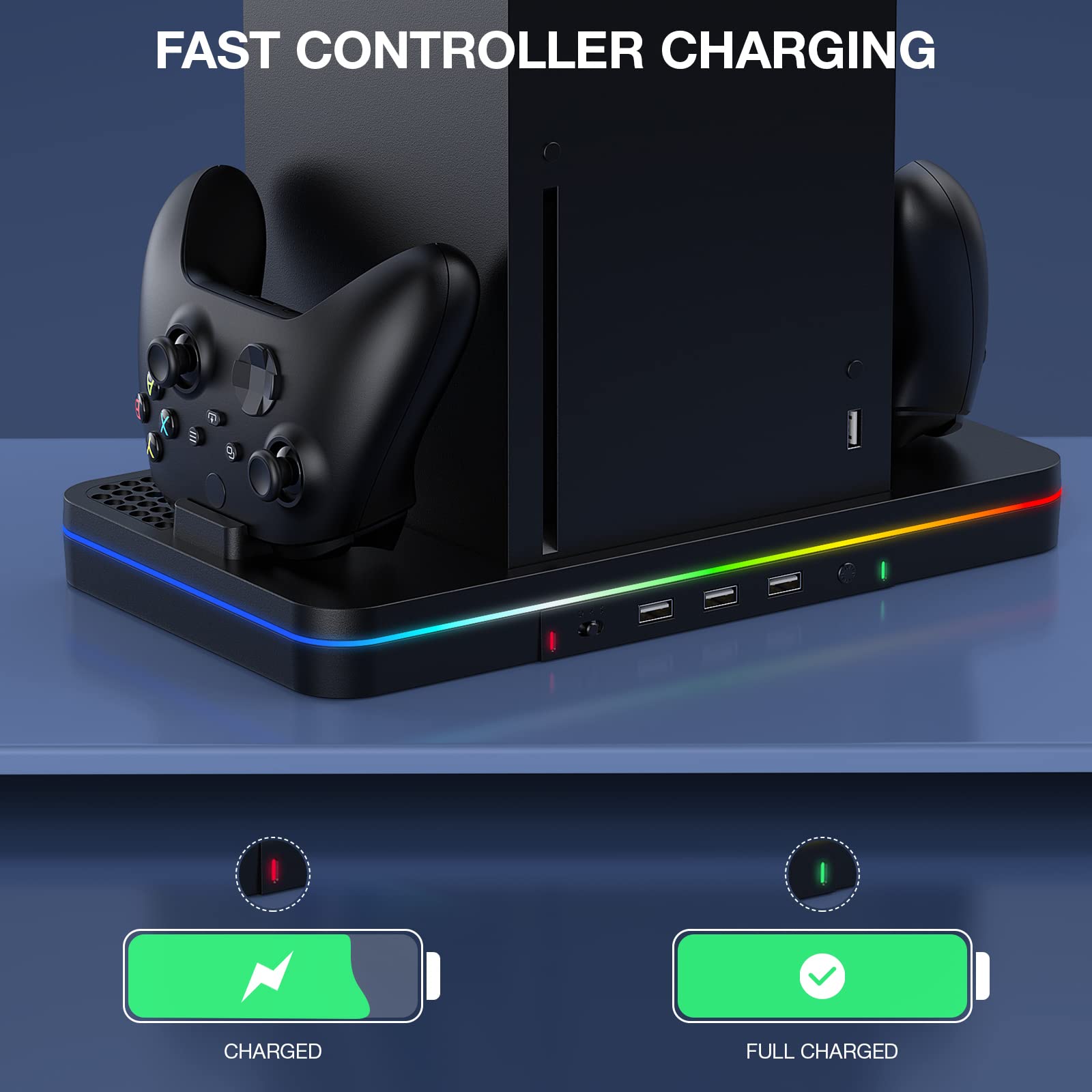 Vertical Charging Stand for Xbox Series X/S with Cooling Fan, Fast Charging Station with 2 X 1100 mAh Rechargeable Battery, Dual Controller Charger Station Accessories with 3 USB Ports&2 Headset Stand