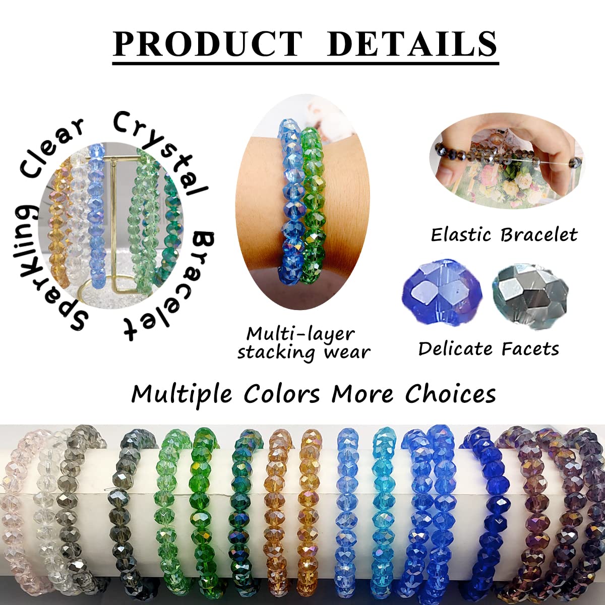 Svovin 18 Pcs Glass Beaded Bracelet Set for Women Men Elastic Stretch Versatile Statement Colorful Spark Clear Crystal Handmade Bracelets