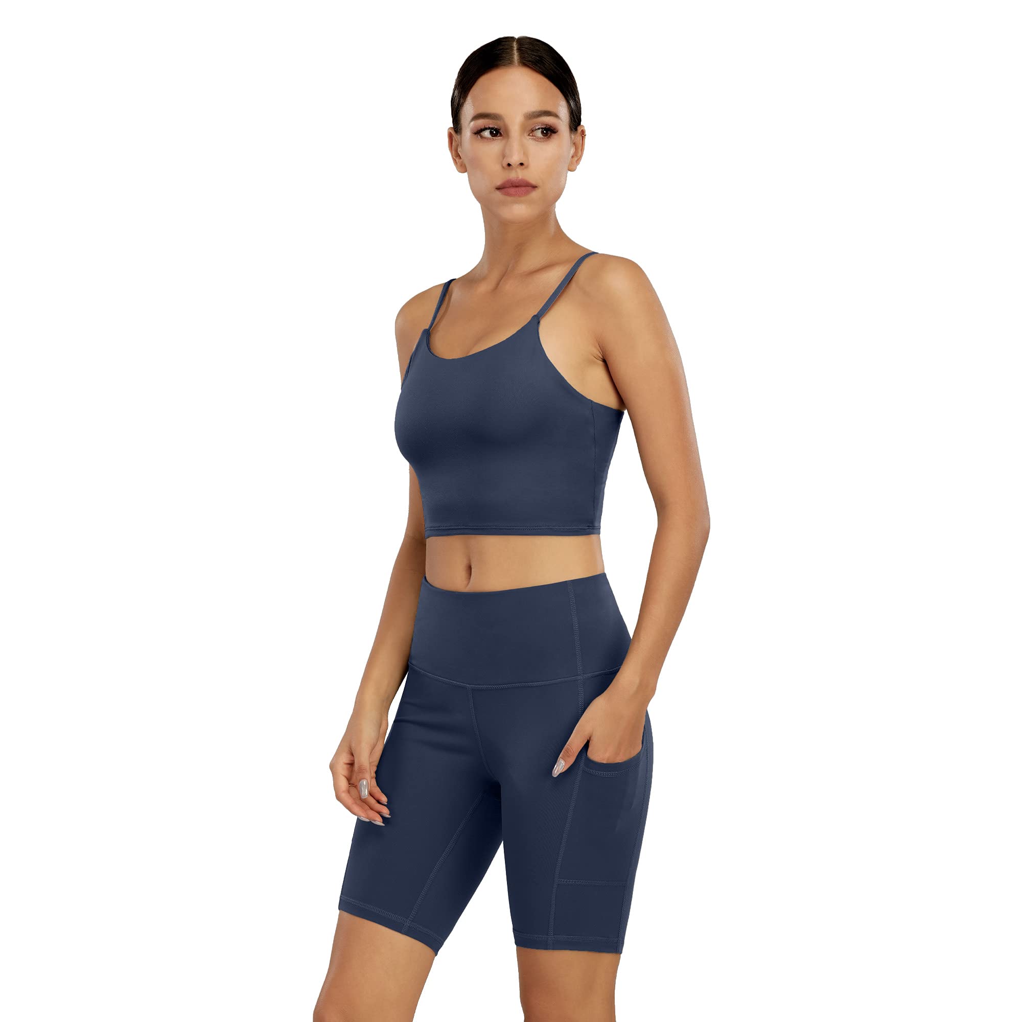 TALACCA Outfits GYM Shorts Set Workout Running Crop Top with Sports Bra, Navy M