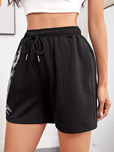 Romwe Women's Casual Dragon Print Drawstring High Waist Track Shorts with Pockets Black Small