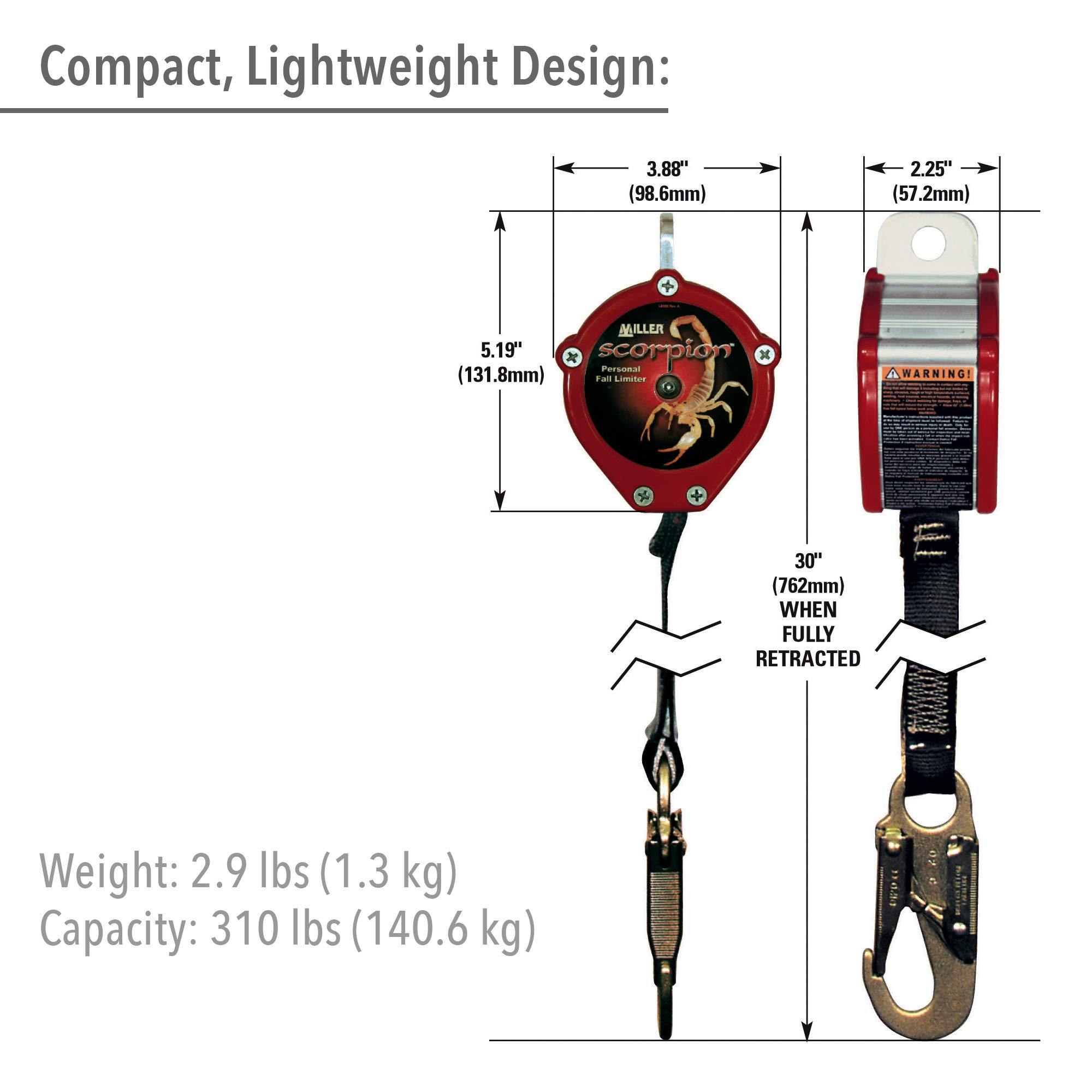 Miller Honeywell Home Miller Scorpion 9-Foot Personal Fall Limiter with Twist-Lock Carabiner/Swivel Shackle and Locking Snap Hook, 310 lb. Capacity (PFL-4-Z7/9FT), Red