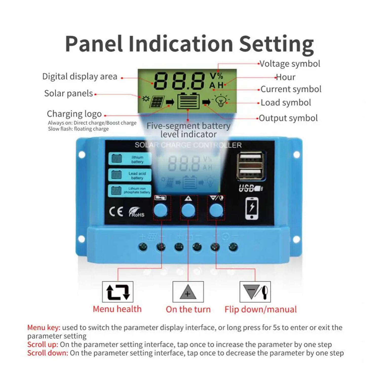 Peidesi PWM Solar Charge Controller 30A 12V 24V PV Regulator with LCD Display for 100W 200W 300W Solar Panel Controllers, for Lithium Iron Phosphate/Lead Acid/Lithium Battery