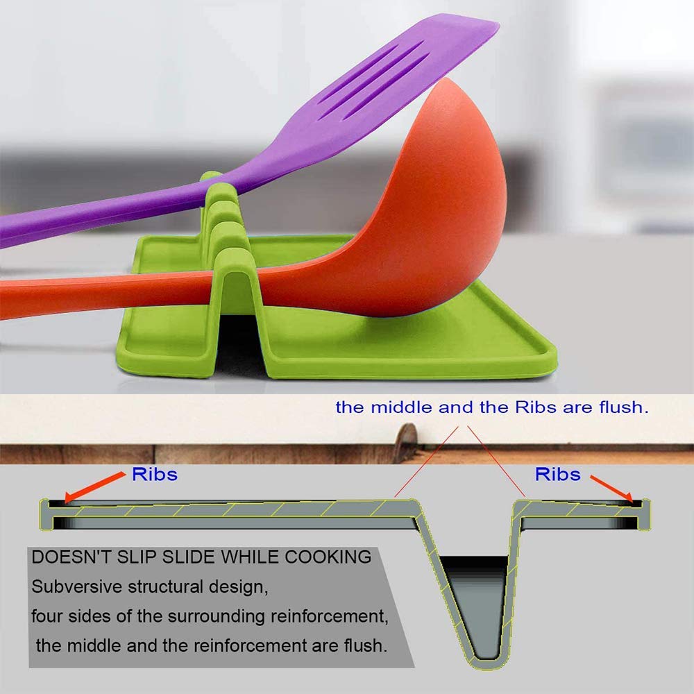 Silicone Utensil Rest with Drip Pad and Silicone Double Finger Grips, Heat-Resistant 410β, BPA-Free Spoon Rest & Spoon Holder for Stove Top, Spoon, Ladle, Spatula (Green)