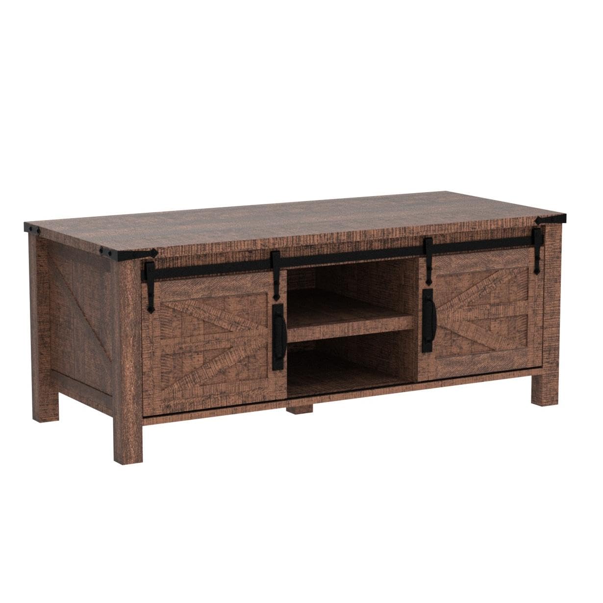 OKD Farmhouse Coffee Table, 48" Storage Center Table with Sliding Barn Doors, Rustic Wood Rectangular Cocktail Table with w/Adjustable Shelves for Living Room, Reclaimed Barnwood Color