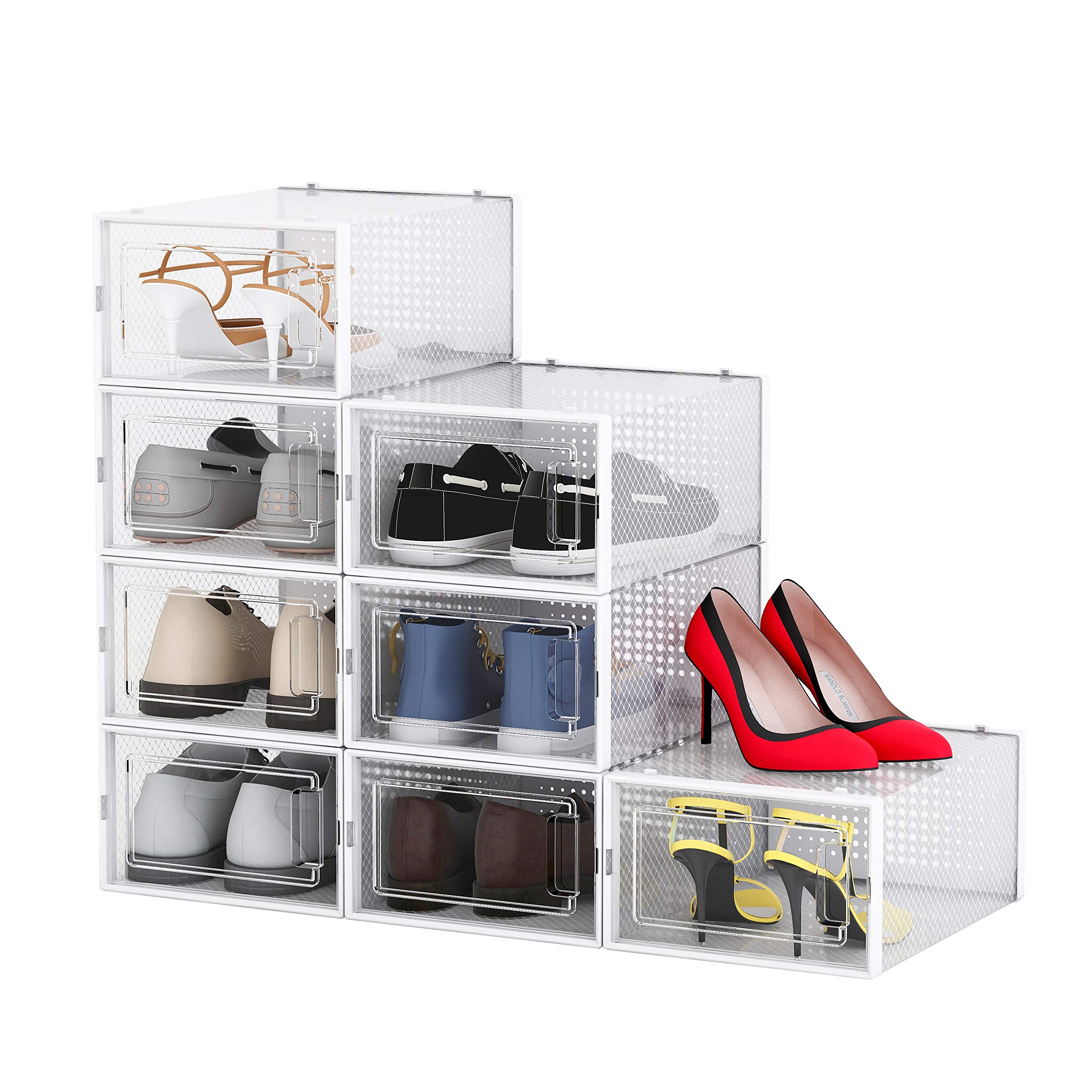 PARANTA Clear Shoe Storage Box, Plastic, Foldable And Stackable, Set Of 8, For Storage And Display Of Men And Women Shoes, White (Medium)