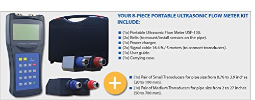 ValueStore.us Portable Digital Ultrasonic Flow Meter with Small & Medium Transducers for Pipes from 0.76 to 27 inch (20 to 700 mm) & from -40°F to 320°F (-40°C to 160°C). (USF-100)