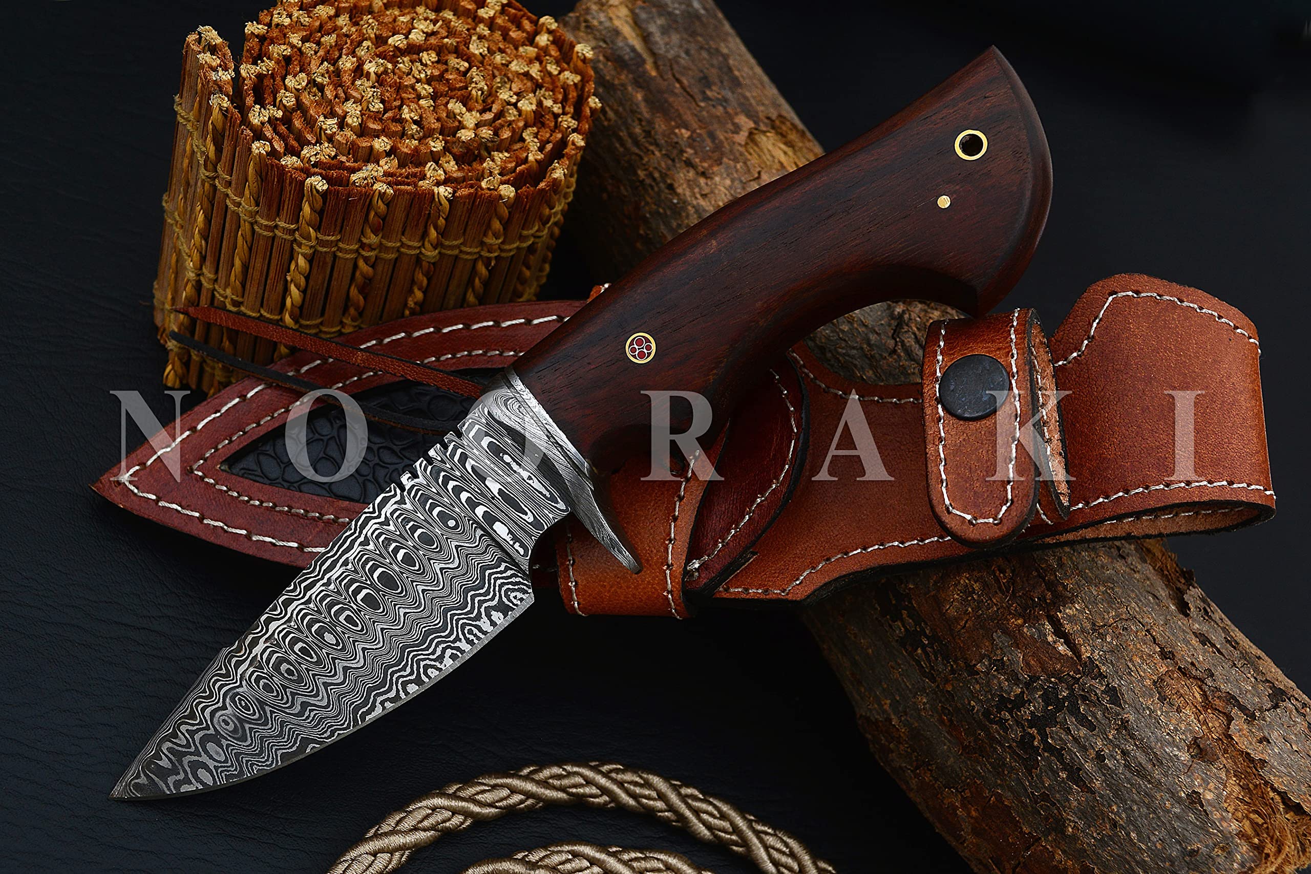 SBK162 Custom Handmade Damascus Steel Knife - Full Tang Rosewood Handle, with Leather Sheath 10inches