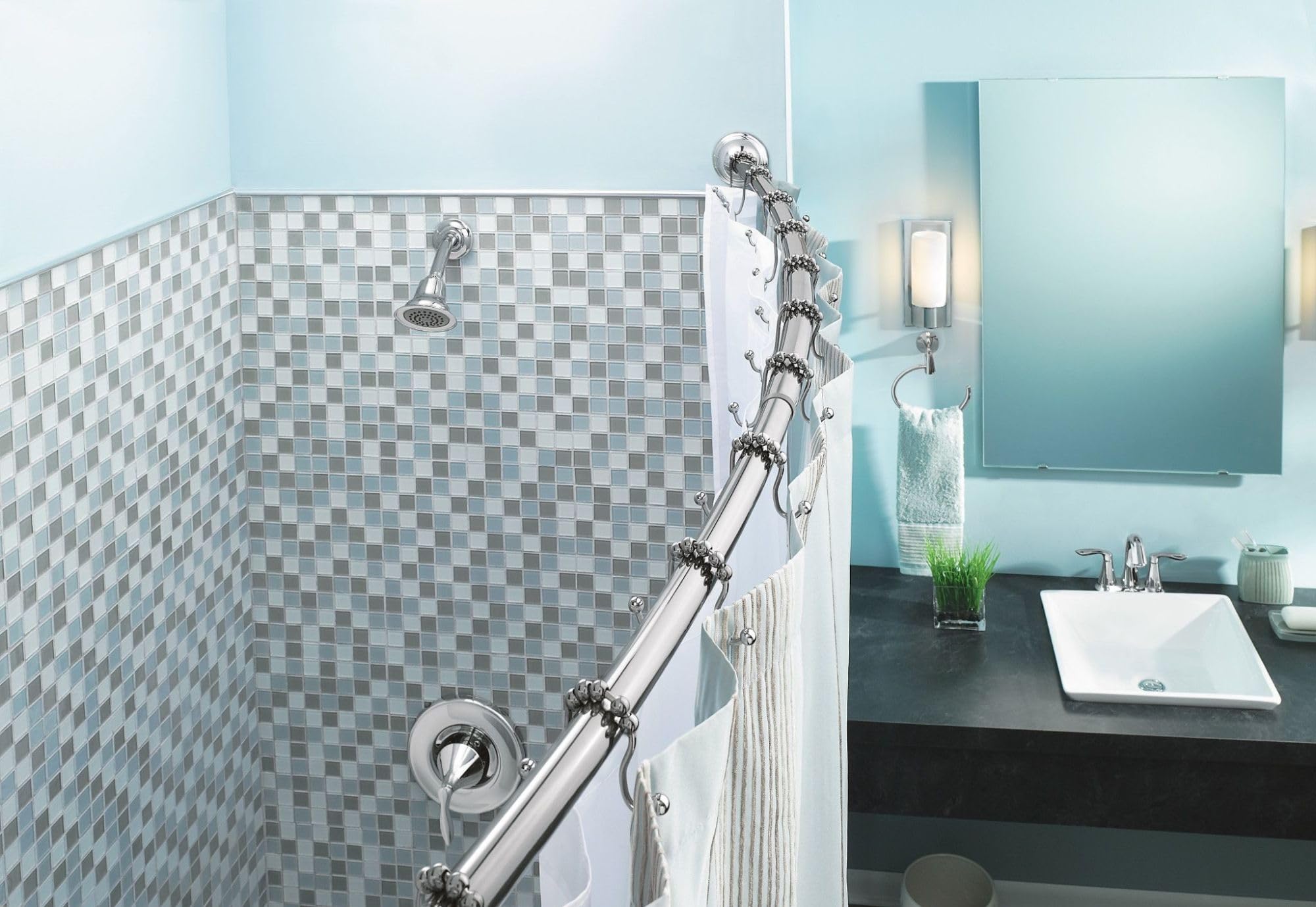Moen Chrome 54-Inch to 72-Inch Adjustable Length Fixed Mount Single Curved Shower Curtain Rod for Bathroom, CSR2160CH