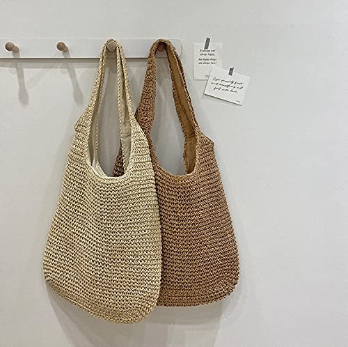 VSERETLOON Vegetable Basket Straw Bag Rattan Bag Hand-Woven Bag Straw Bag One-Shoulder Handbag,Khaki,As Shown