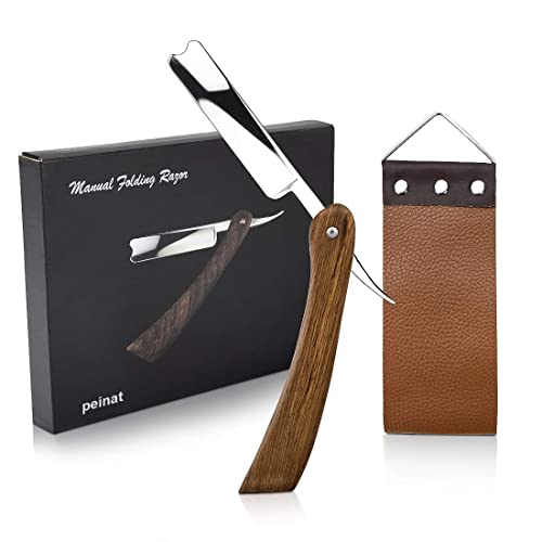 peinat Straight Razor, Wooden Straight Edge Razor for Men Stainless Steel Manual Straight Razor Kit Cutthroat Rosewood Razor Vintage Razor Contains Barber Razor and Leather Canvas Strap