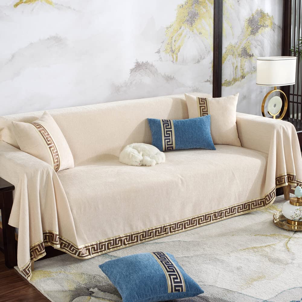 ROOMLIFE Solid Color Beige Chenille Couch Cover Soft Cozy Sofa Covers Sofa Slipcovers for Dogs Cat Pets Multifounction Furniture Protector Blanket Sofa Slipcovers,71"X118"