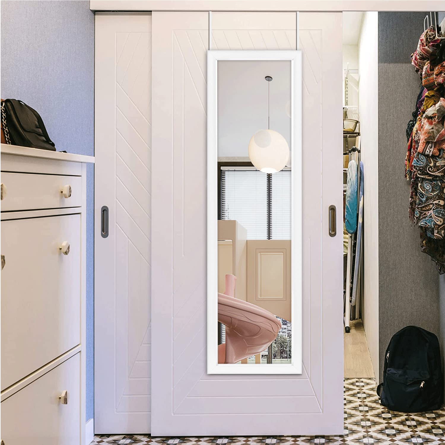 NeuType 55" x 16" Over The Door Mirror Full Length Mirror for Door Hanging Door Mirror Dressing Mirror Body Mirrors for Bathroom, Bedroom, Living Room Polystyrene Frame (White)