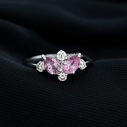 Rosec Jewels 1.5 Cttw Pear Cut Created Pink Sapphire Cluster Promise Ring with Diamond| AAAA Quality, 14K White Gold, Size:US 6.50