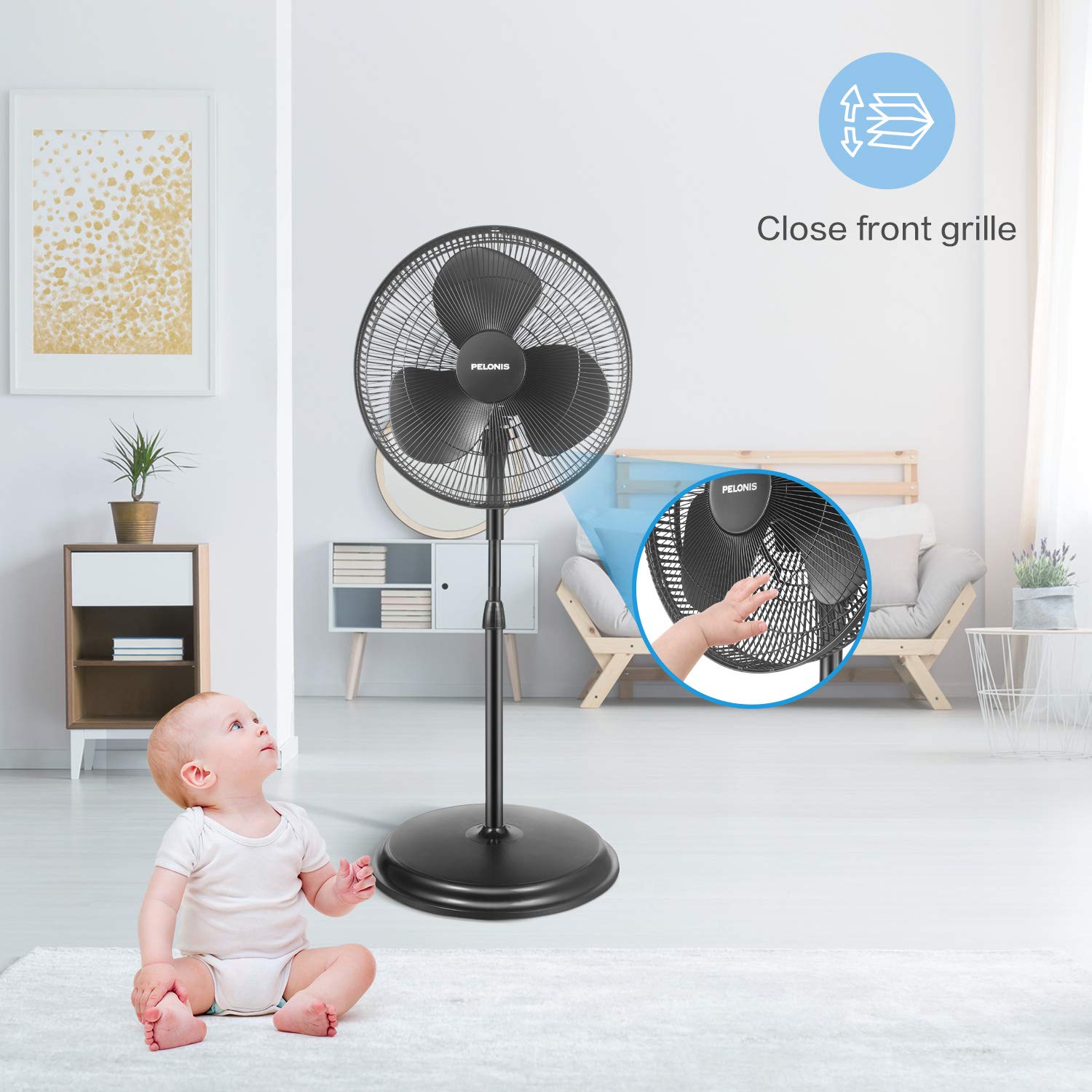 PELONIS PFS40A2ABB 16'' 3-Speed Pedestal, Standing Fan for Home and Office, 85° Oscillation and Adjustable in Height, Black, 16 Inch